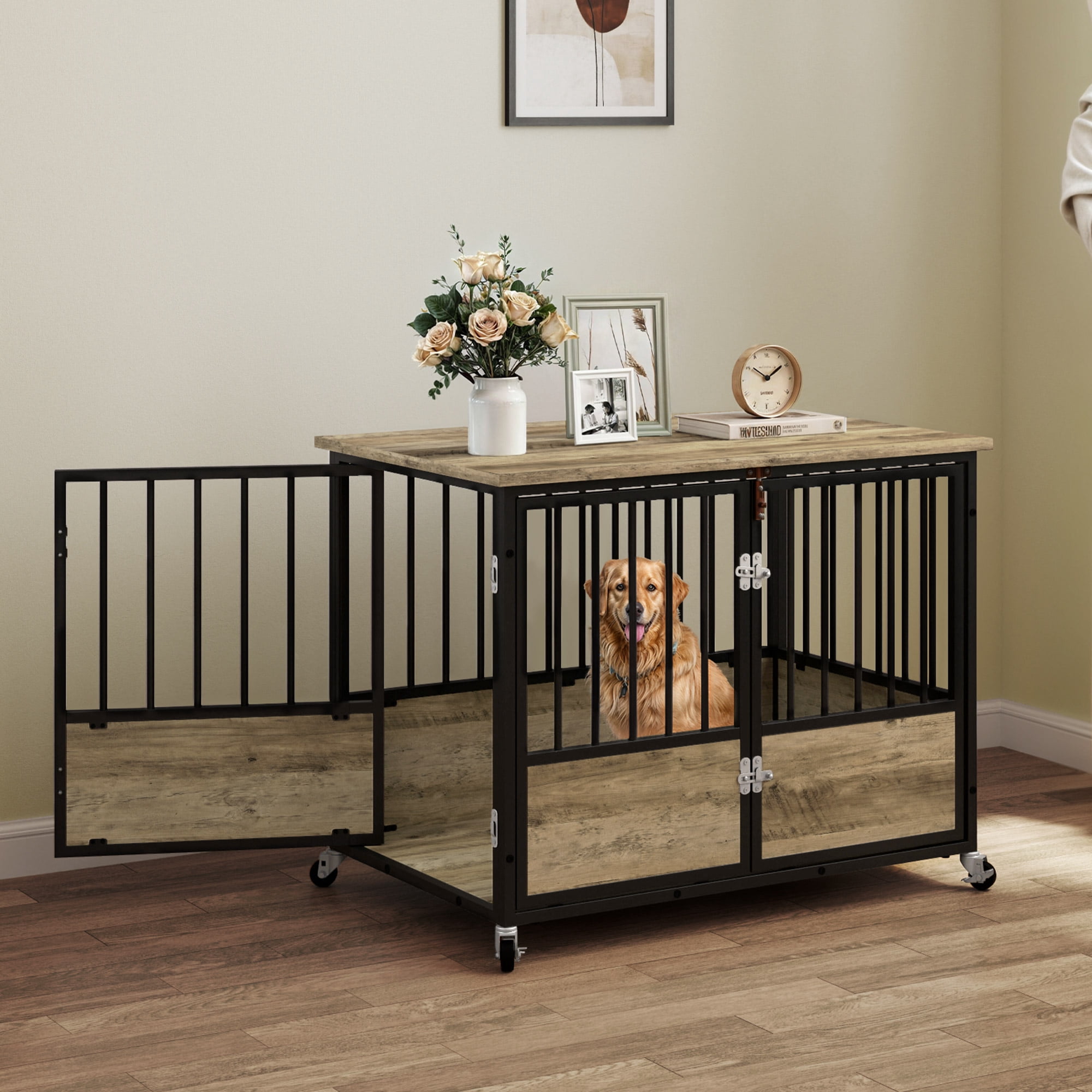 Craftian 38" Dog Crate Furniture with Double-Doors, Wooden Indoor Dog ...