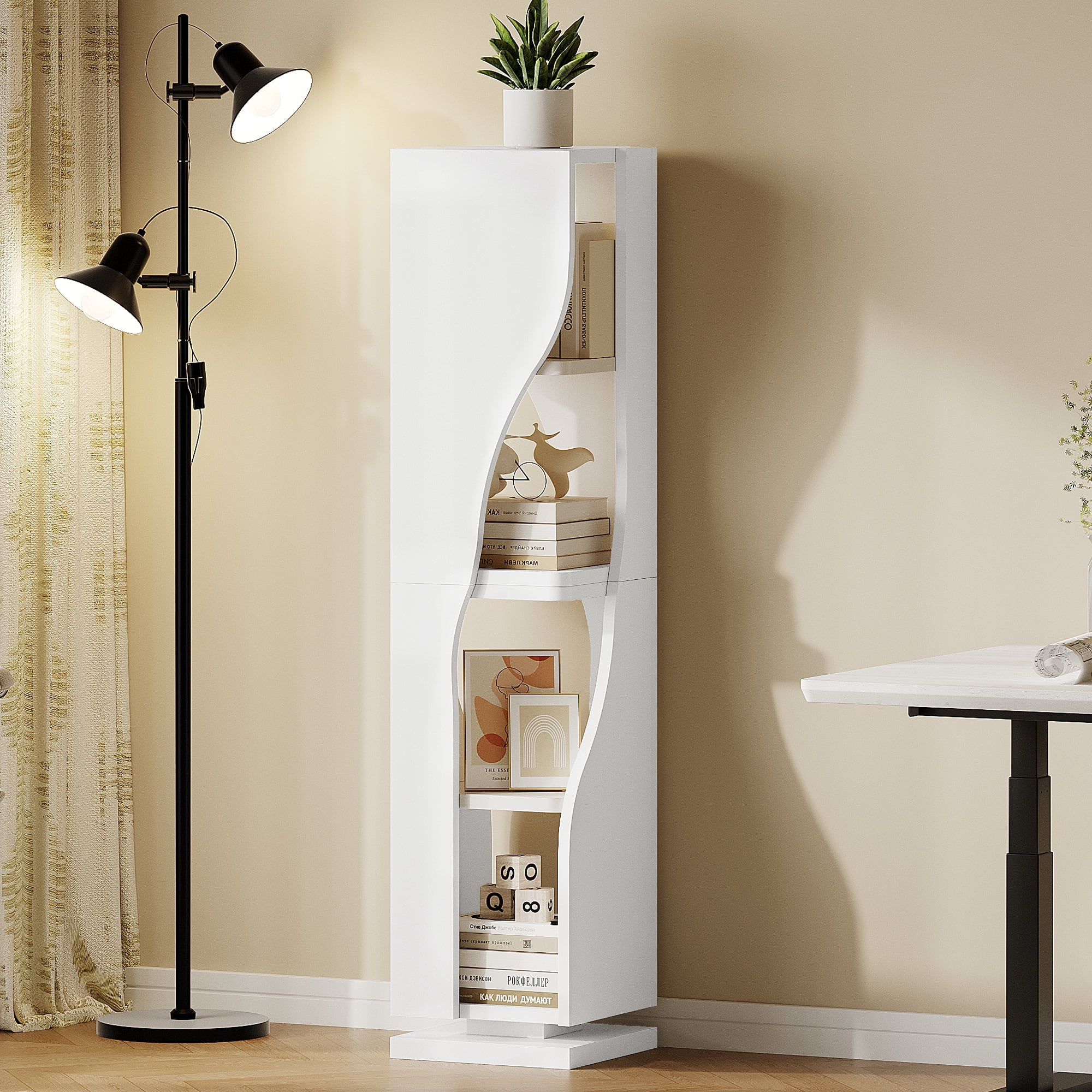 Craftian 4-Tier Narrow Bookcase with LED Light, 71.5" Rotating ...