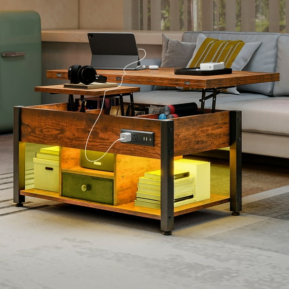 Craftian 4-in-1 Lift Top Coffee Table with RGB Light, Storage, Power ...