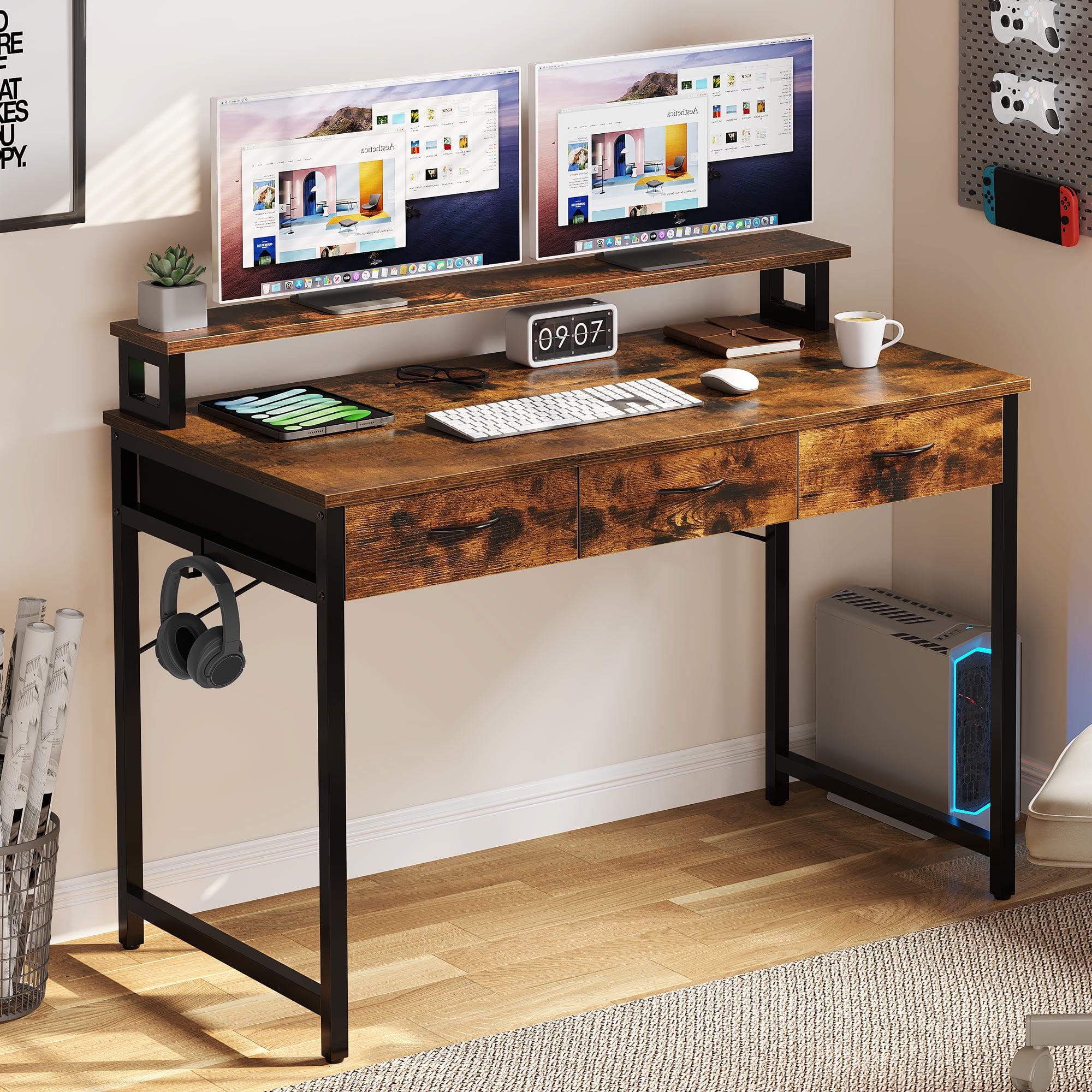 Craftian 40" Computer Desk with Monitor Stand & 3 Drawers, Modern Small ...