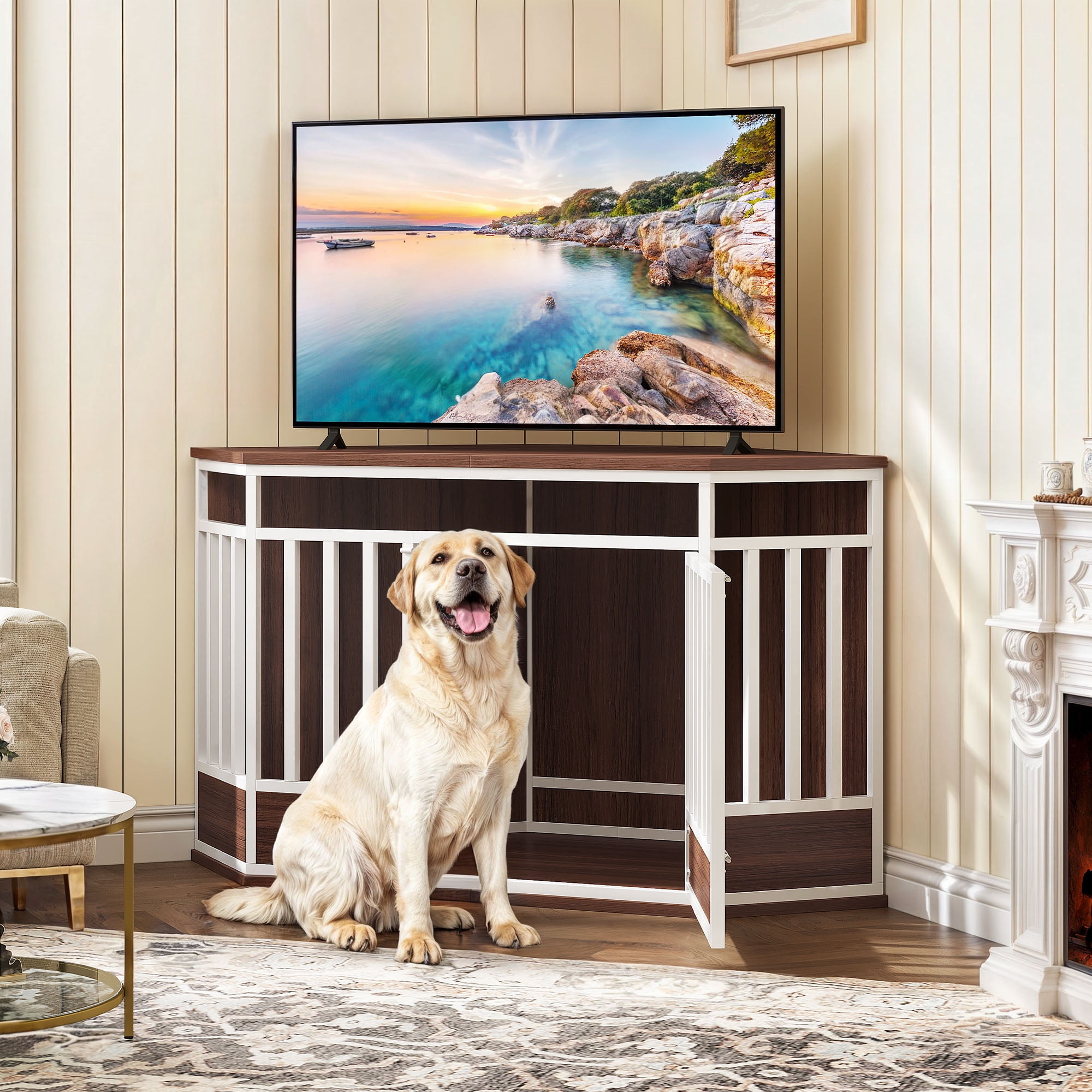 Craftian 52 Inch Corner Dog Crate Furniture, Wooden Heavy Duty Dog ...