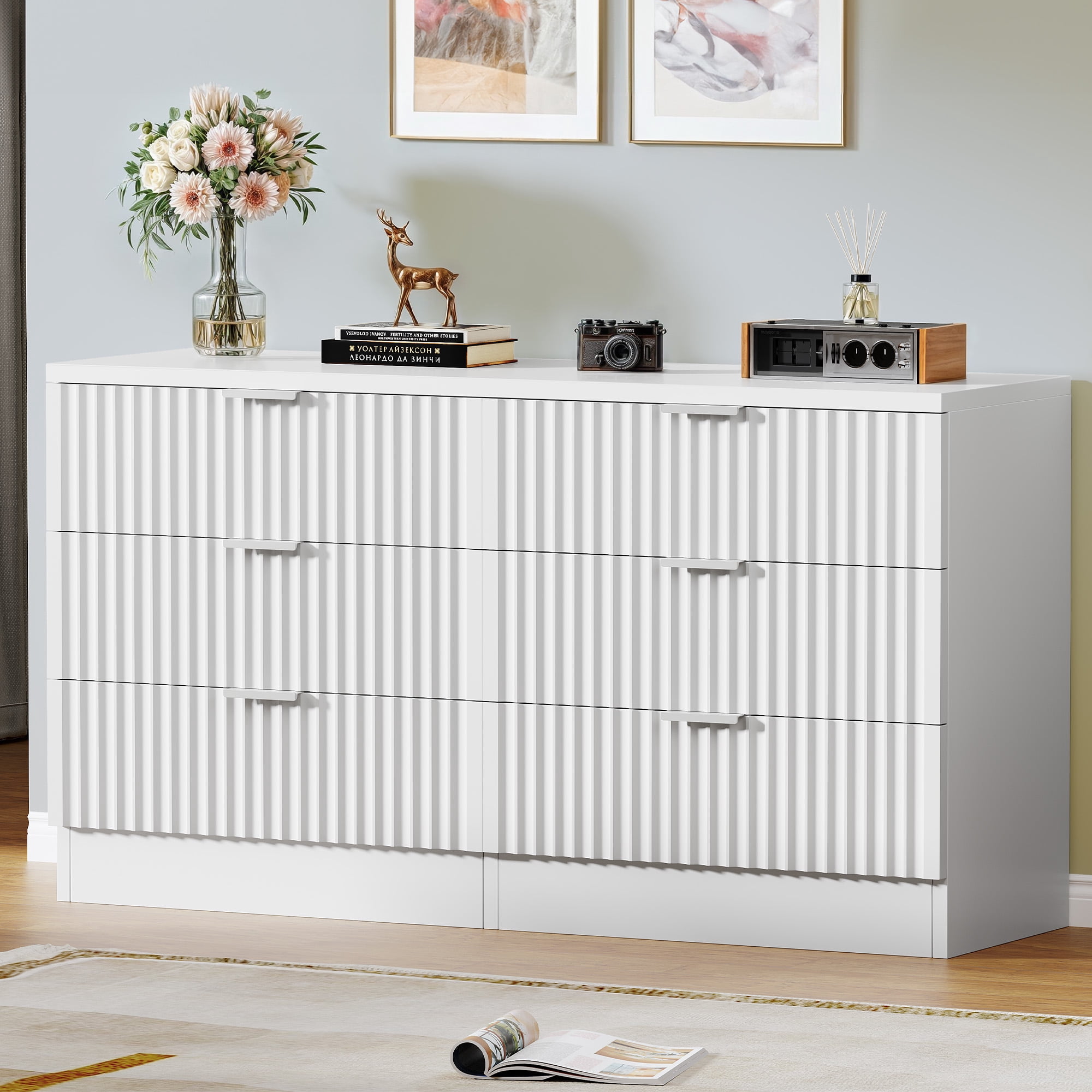 Craftian 6-Drawer Fluted Double Dresser, MDF Chest of Drawers Storage ...