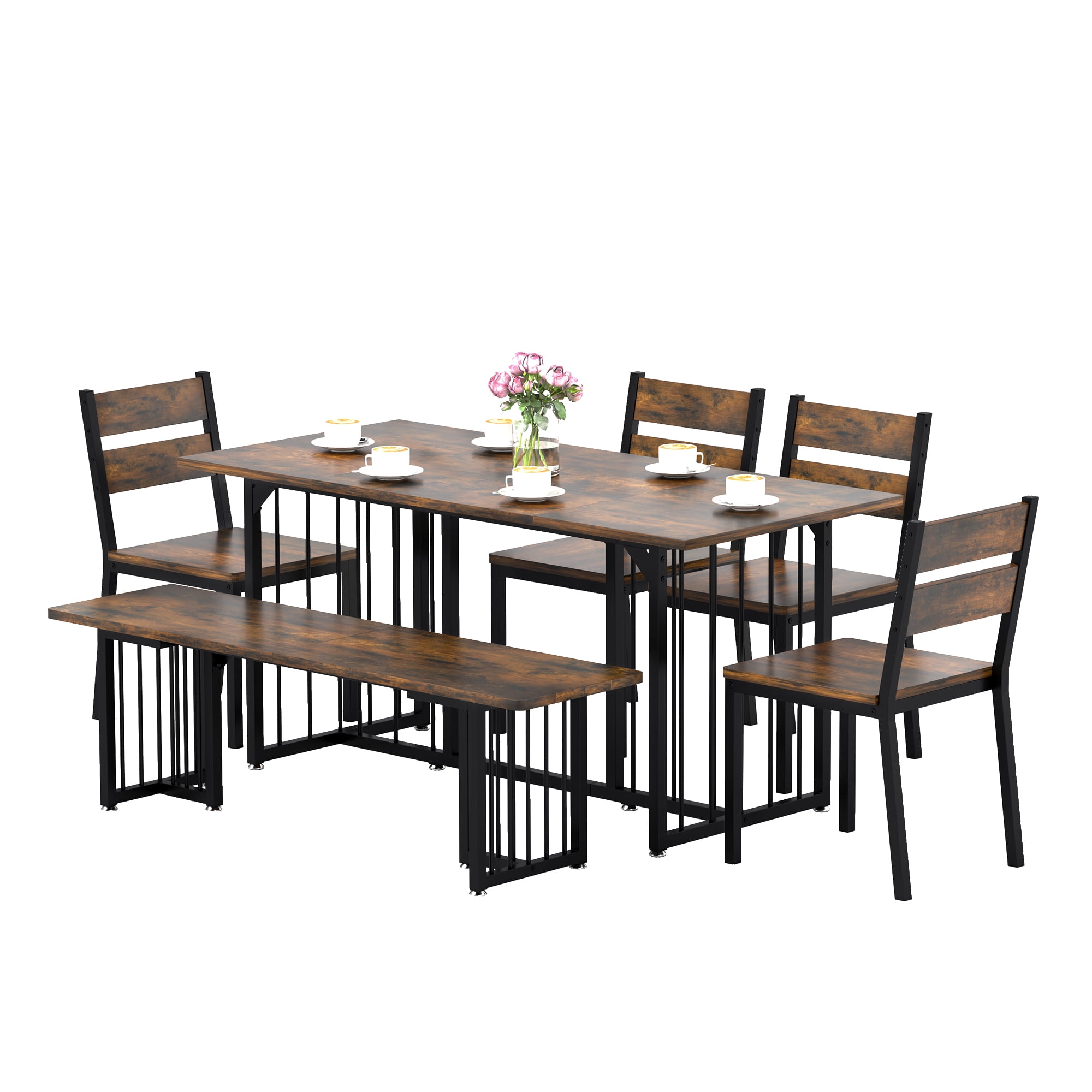 Craftian 6-Piece Dining Room Set with Bench and 4 Chairs, Farmhouse ...