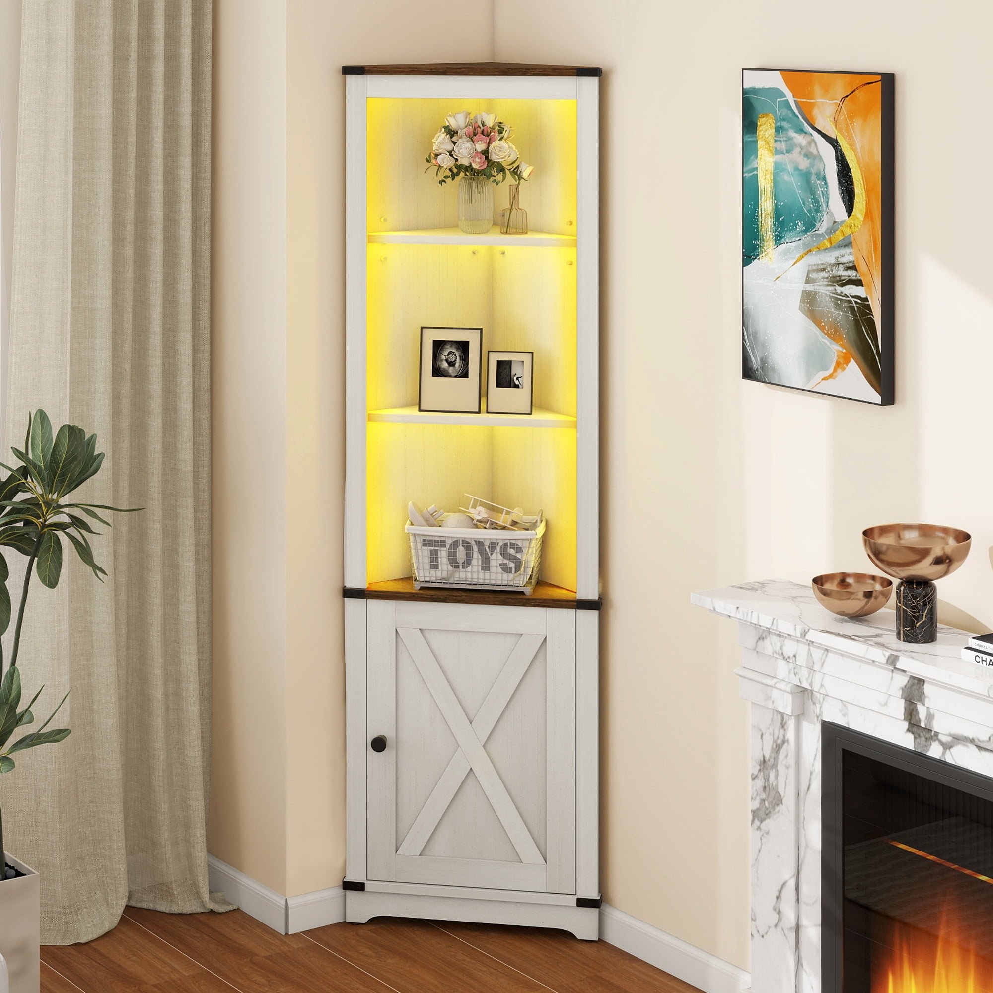 Craftian 67"Tall Corner Storage Cabinet with Door & LED Light, Free ...