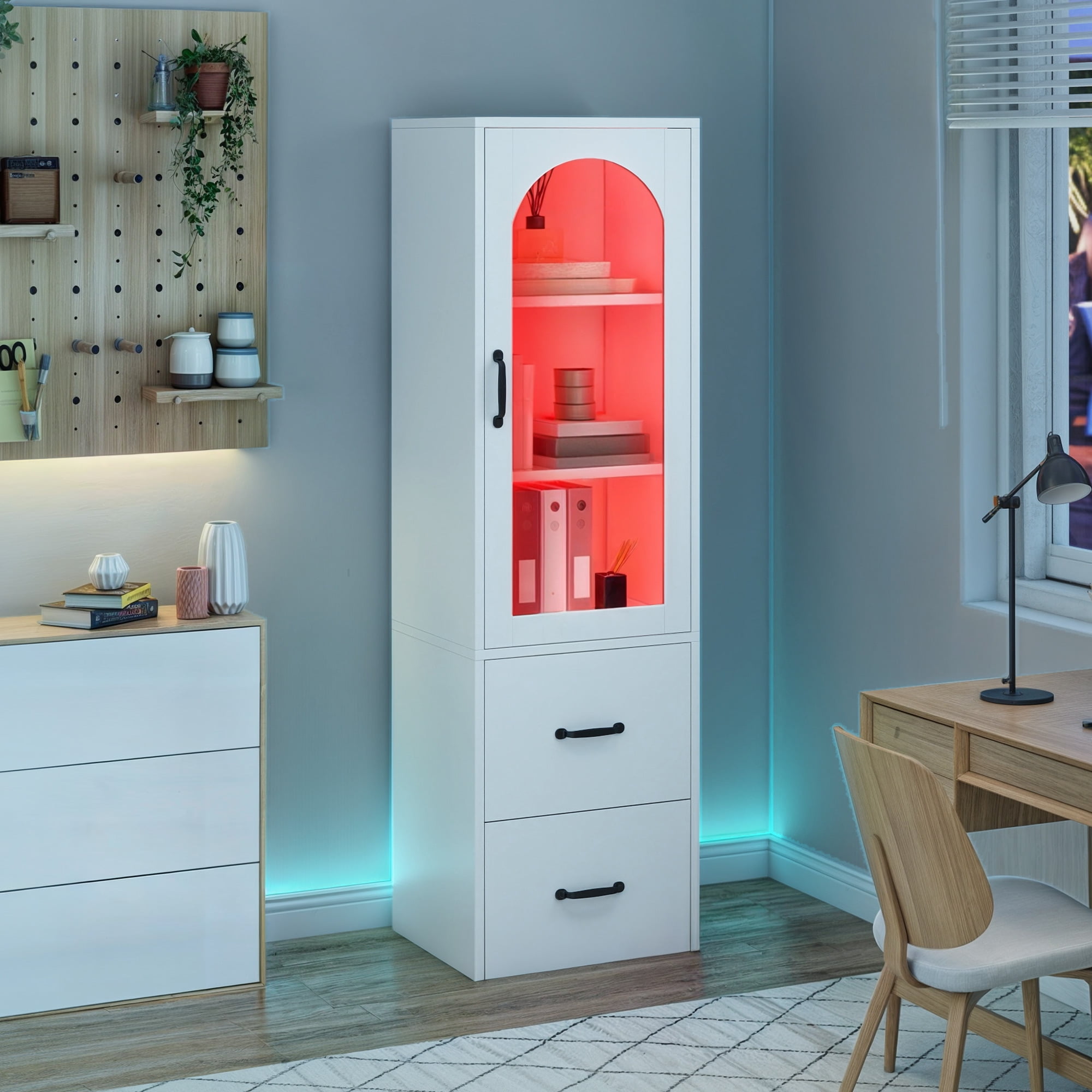 Craftian 69" Wood File Cabinet with LED Light & Glass Door, Tall Filing ...