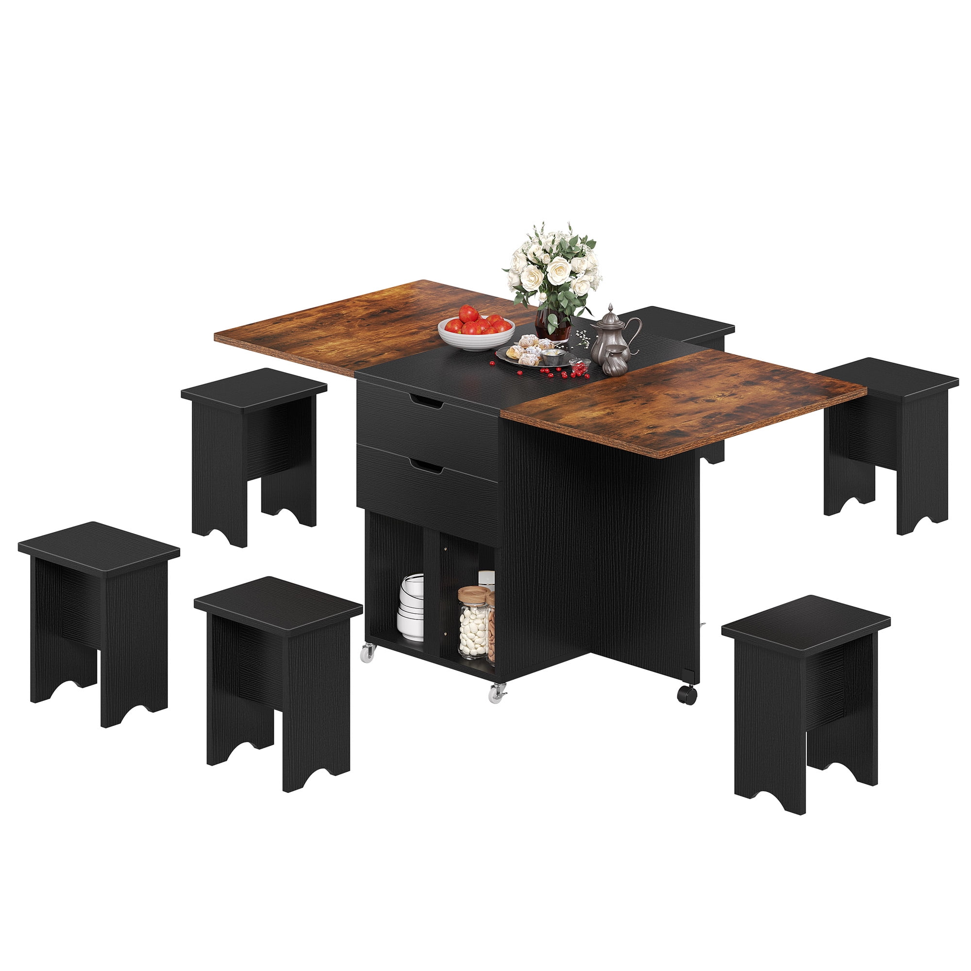 Craftian 7 Pieces Folding Dining Table Set with 6 chairs, 67'' Drop ...