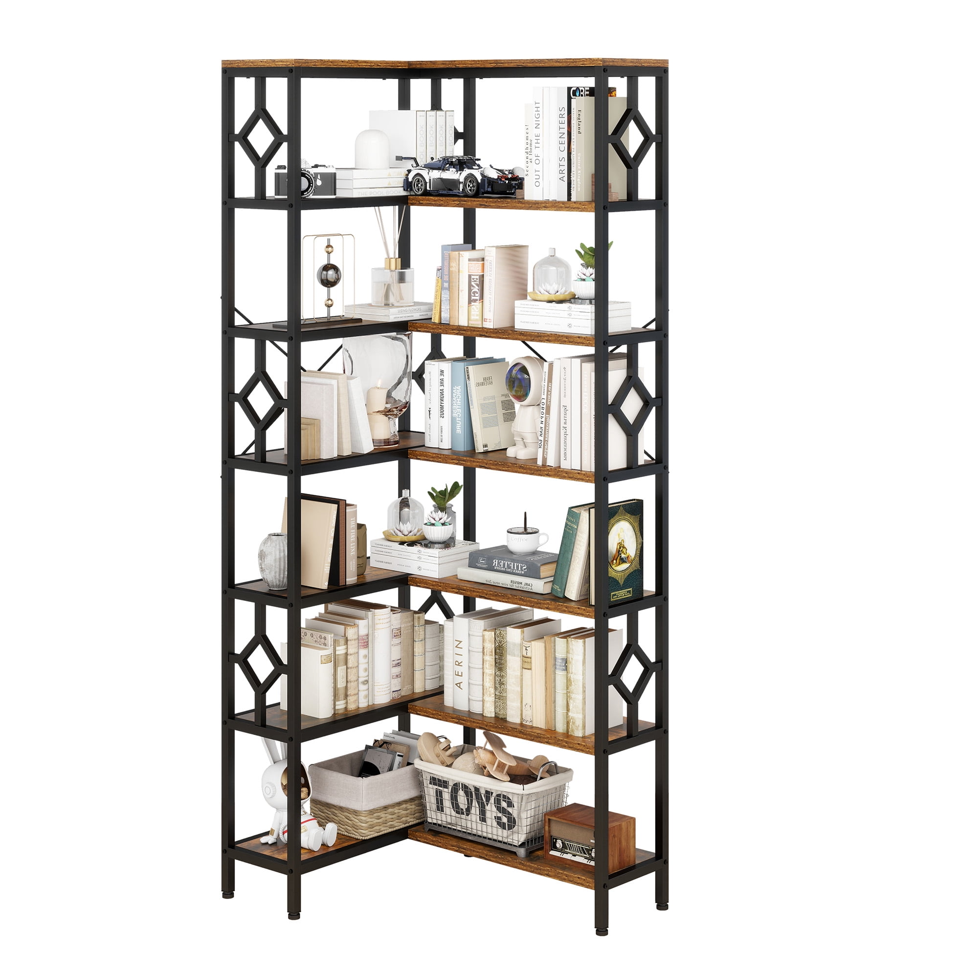 Craftian 7 Tier Bookshelf, Tall Corner Bookshelf with Metal Frame ...