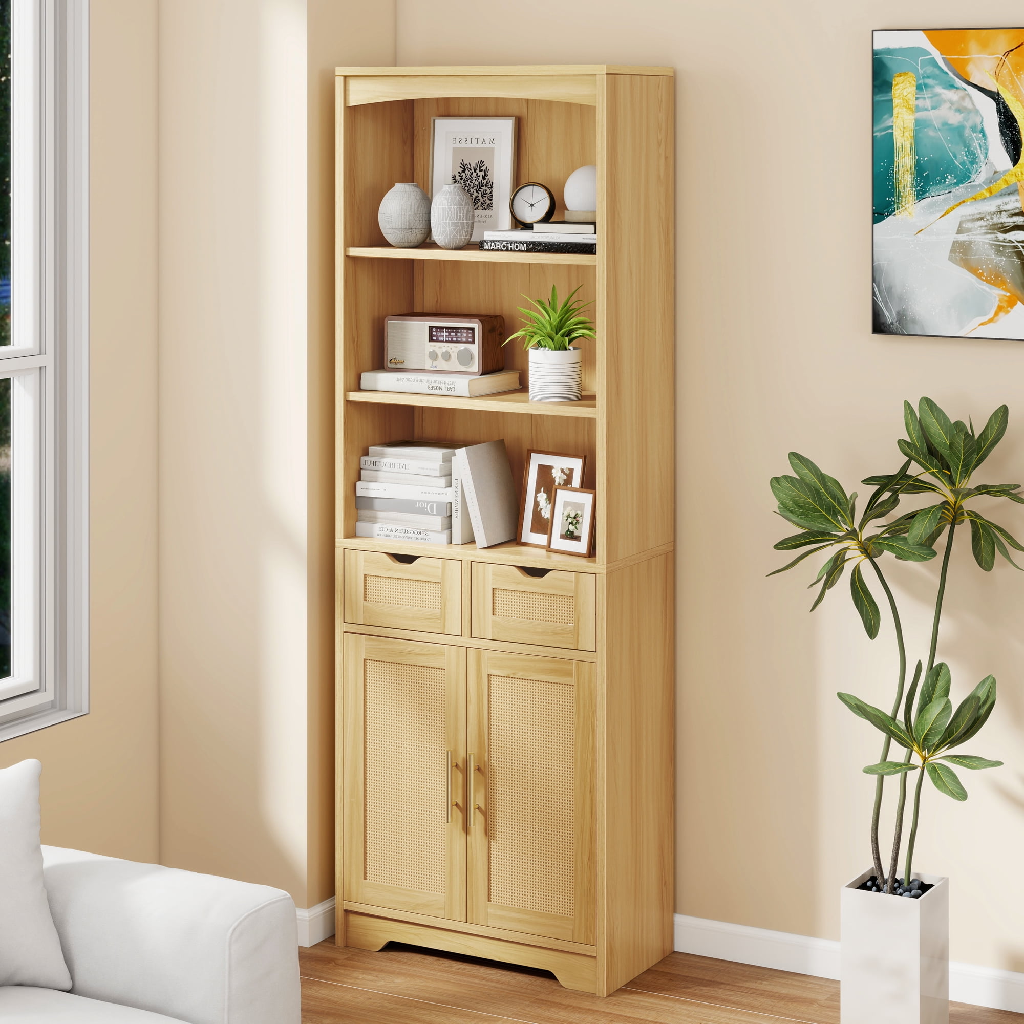 Craftian 71" H Bookcase with Door & 2 Drawers, 5 Tier Rattan Bookshelf ...