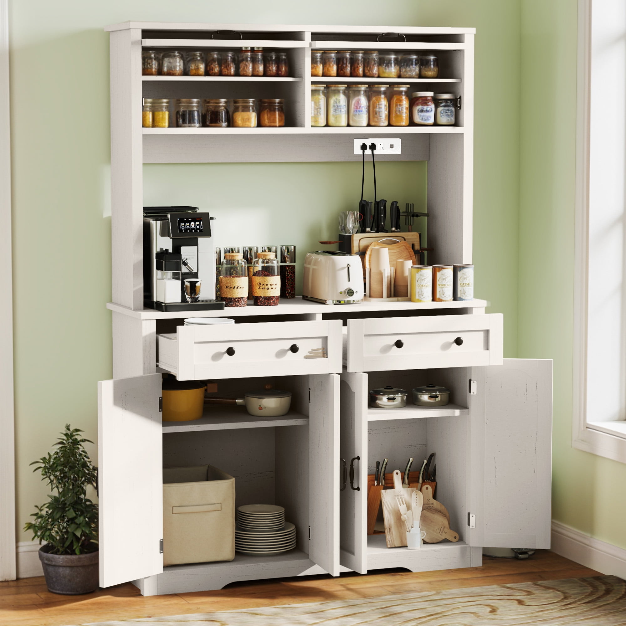 Craftian 71"H Pantry Cabinet with Hutch Charging Station, Farmhouse ...