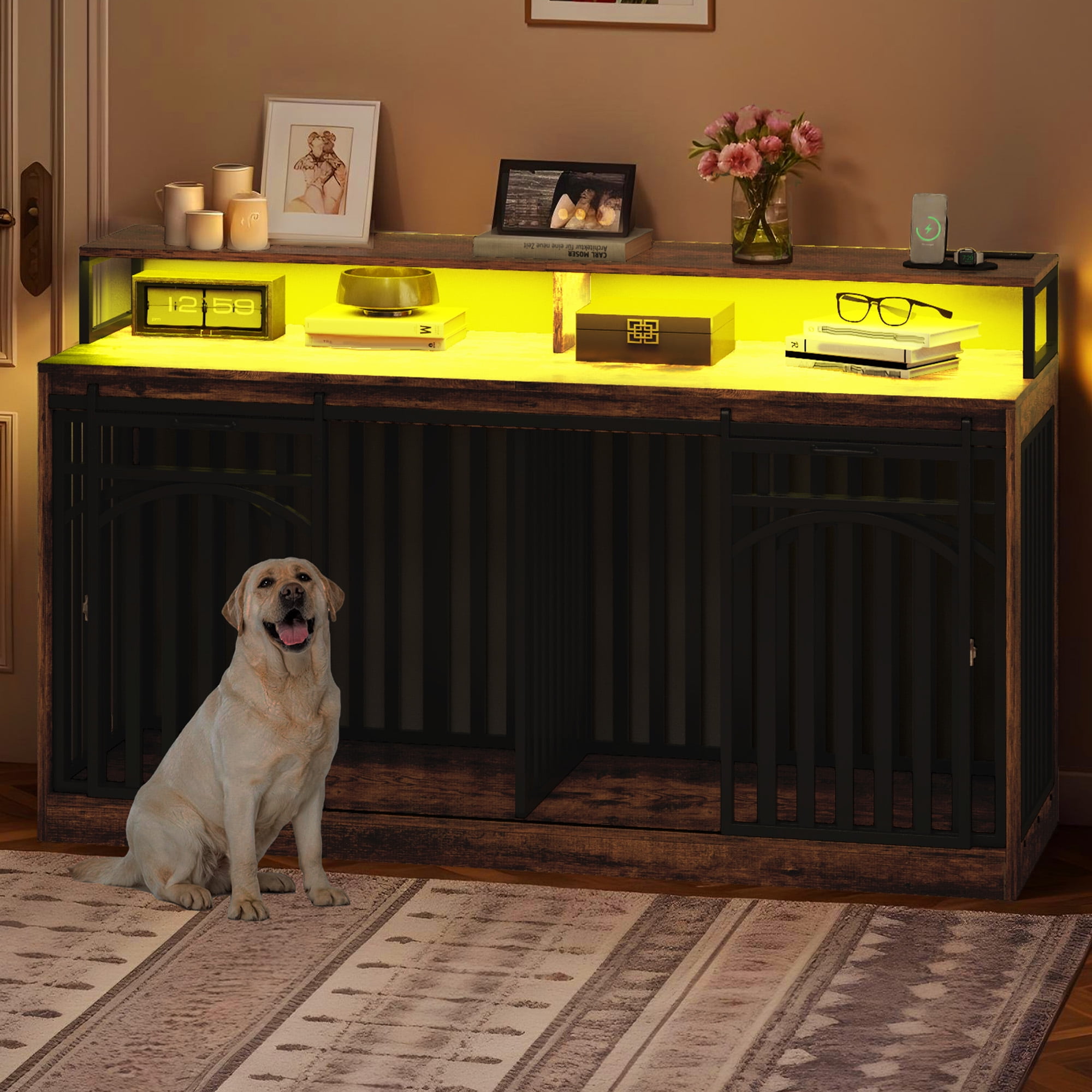 Craftian 71 inch Dog Crate Furniture with LED Light & Power Outlets ...