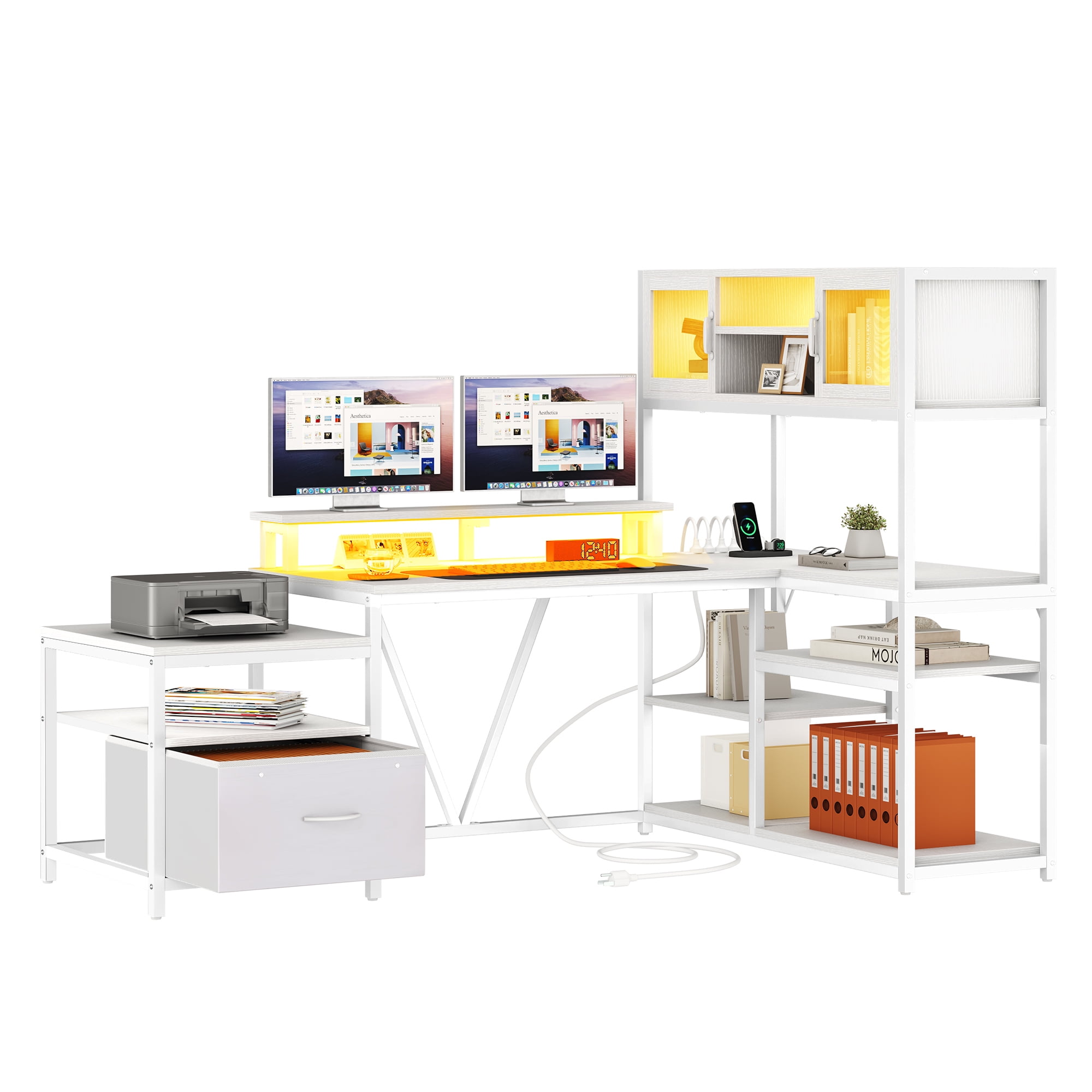 Craftian 78.7" L Shaped Desk with LED Light & Hutch, Reversible ...