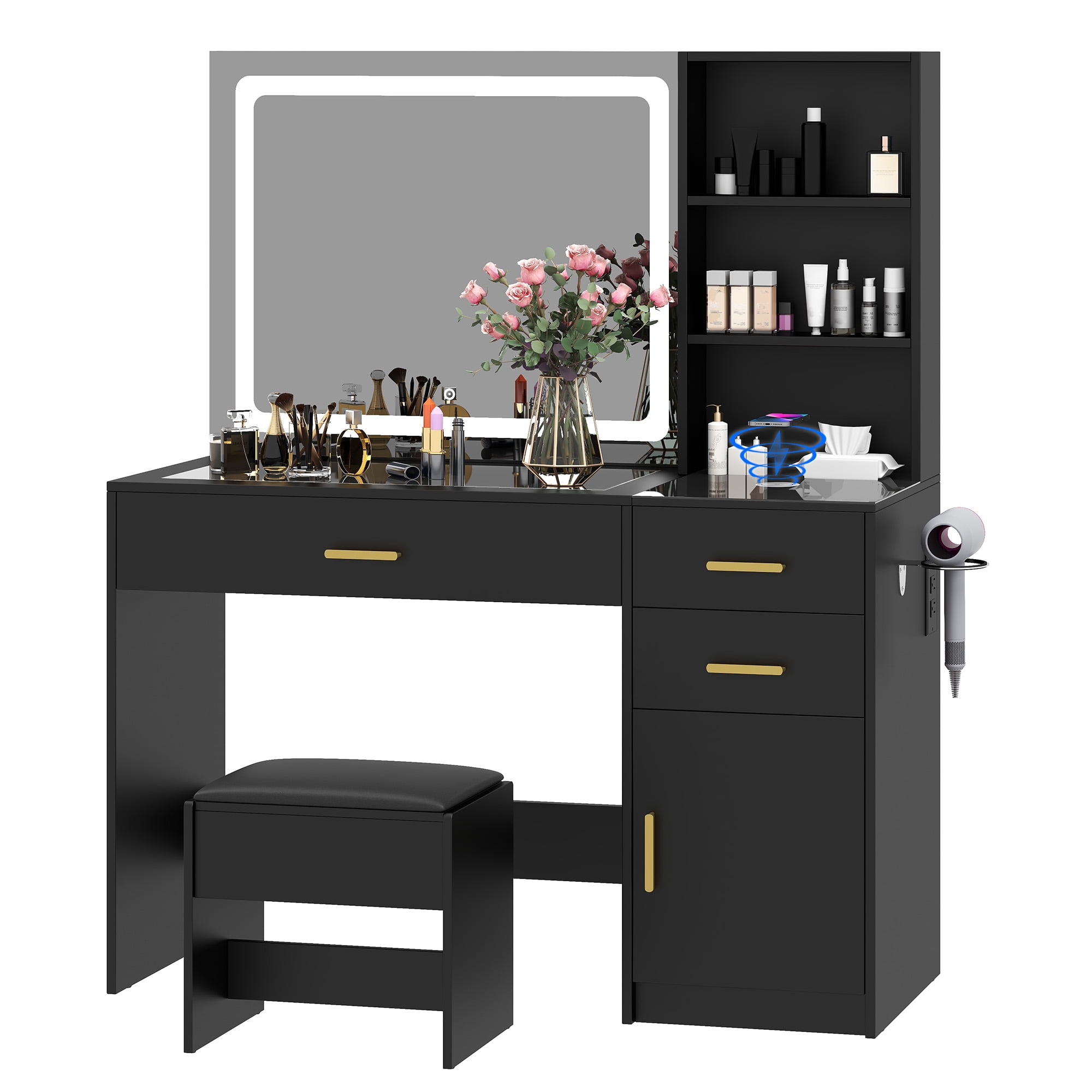 Craftian Black Vanity Desk Set with Power Outlet & LED Light, Makeup ...