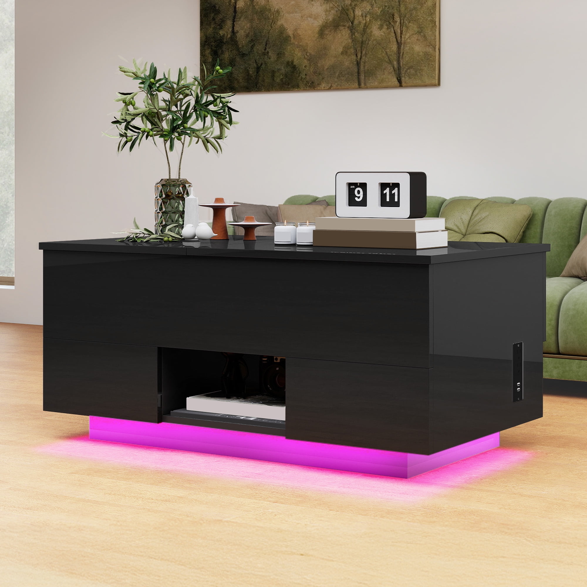 Craftian Coffee Table with LED Lights & Power Outlets, Lift Top Center Table with Storage, Black ...
