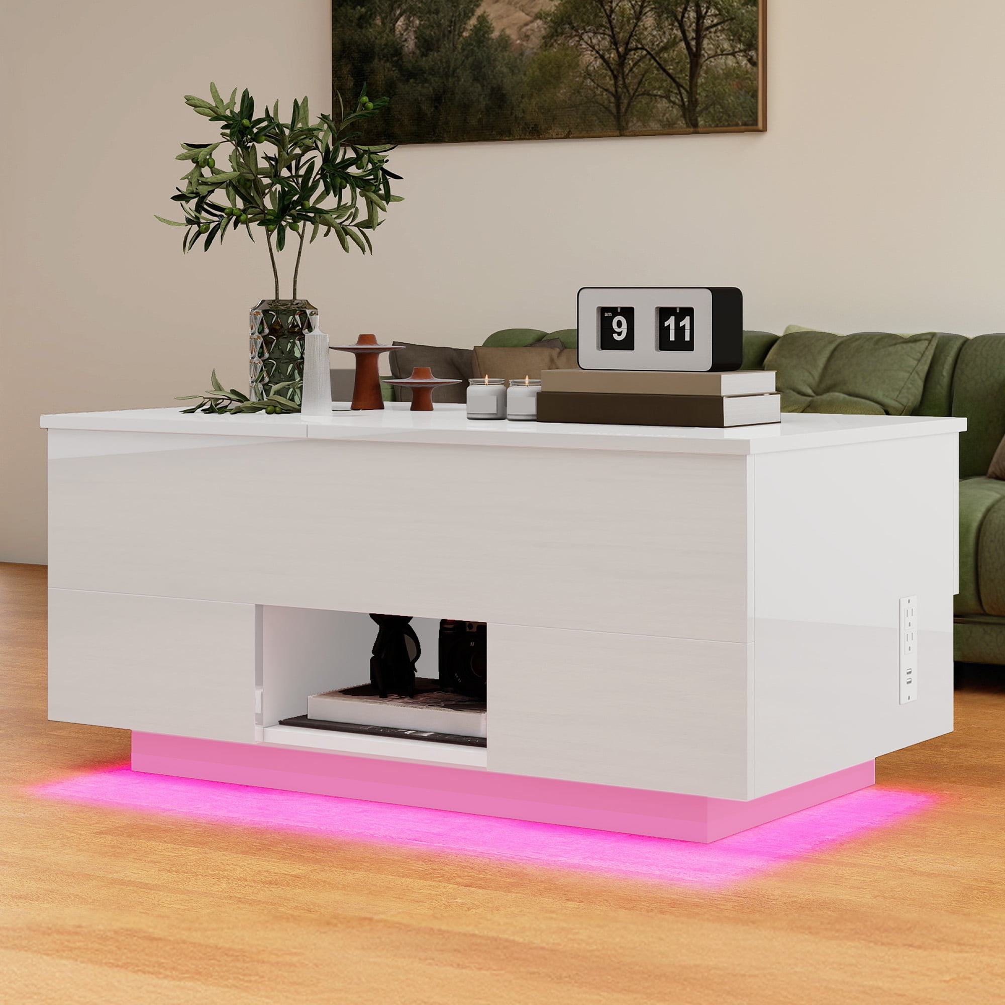 Craftian Coffee Table with LED Lights & Power Outlets, Lift Top Center Table with Storage, White ...