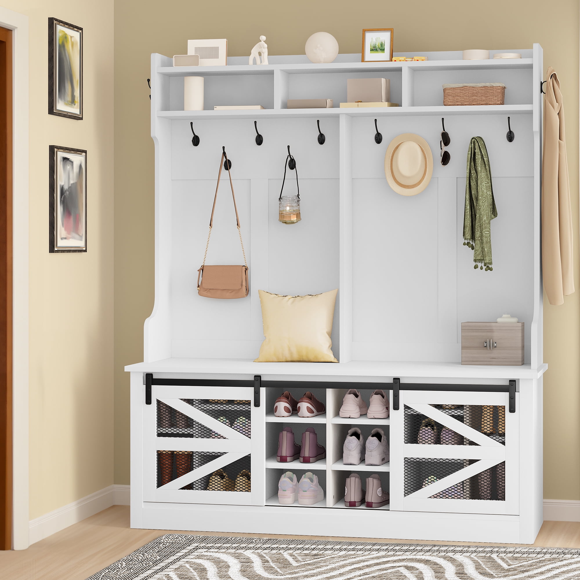 Craftian Entryway Farmhouse 4-in-1 Coat Rack with Storage Bench & 12 ...