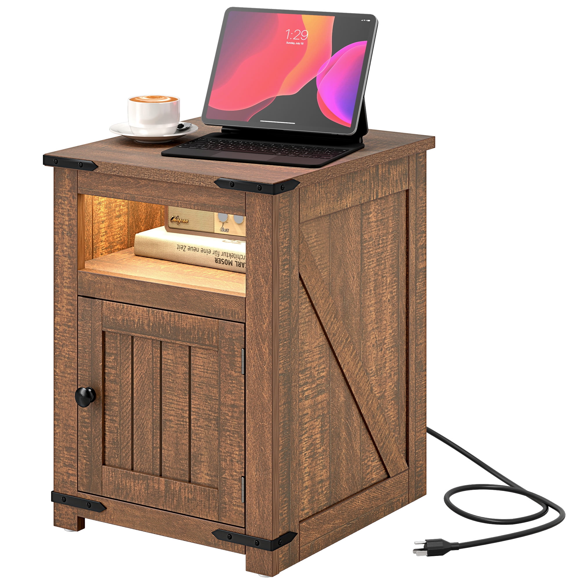 Craftian Farmhouse Nightstand with Power Outlets & LED Lights, Bedside ...