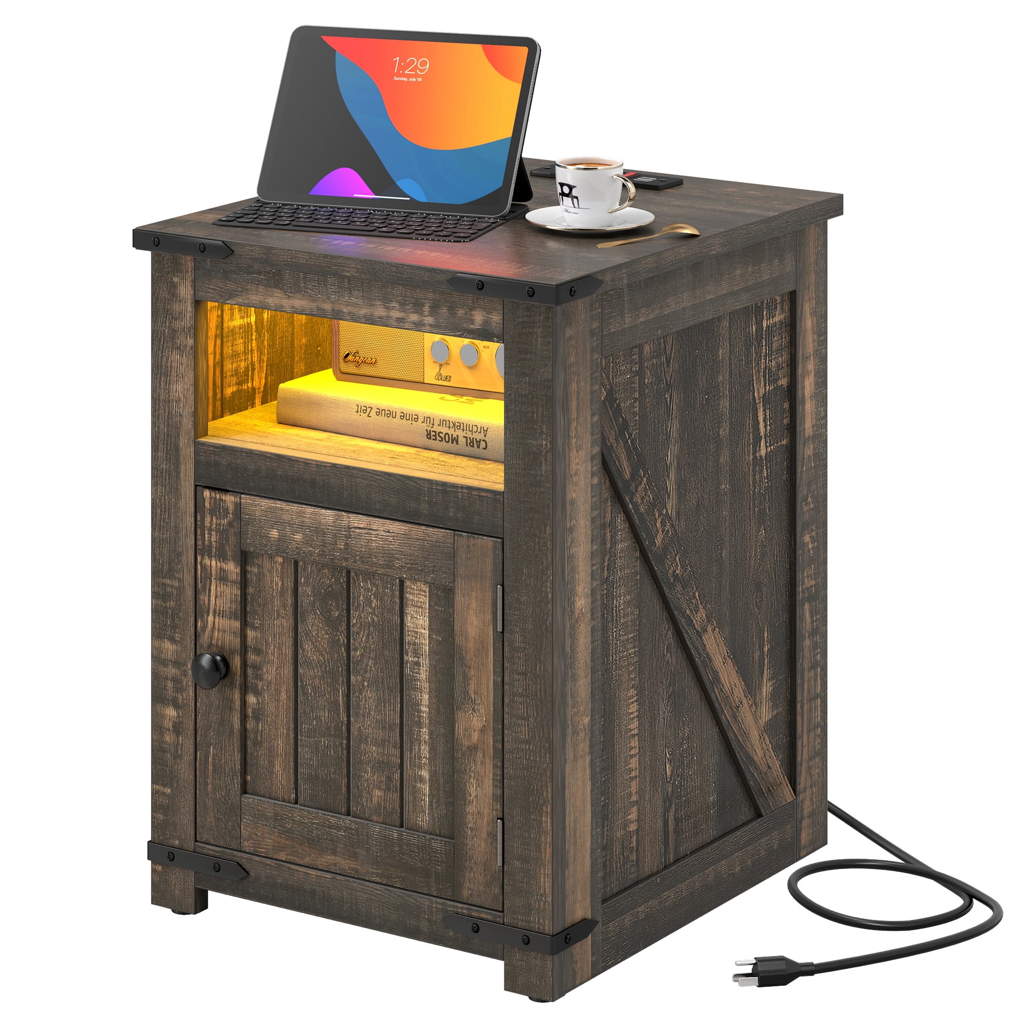 Craftian Farmhouse Nightstand with Power Outlets & LED Lights, Bedside ...