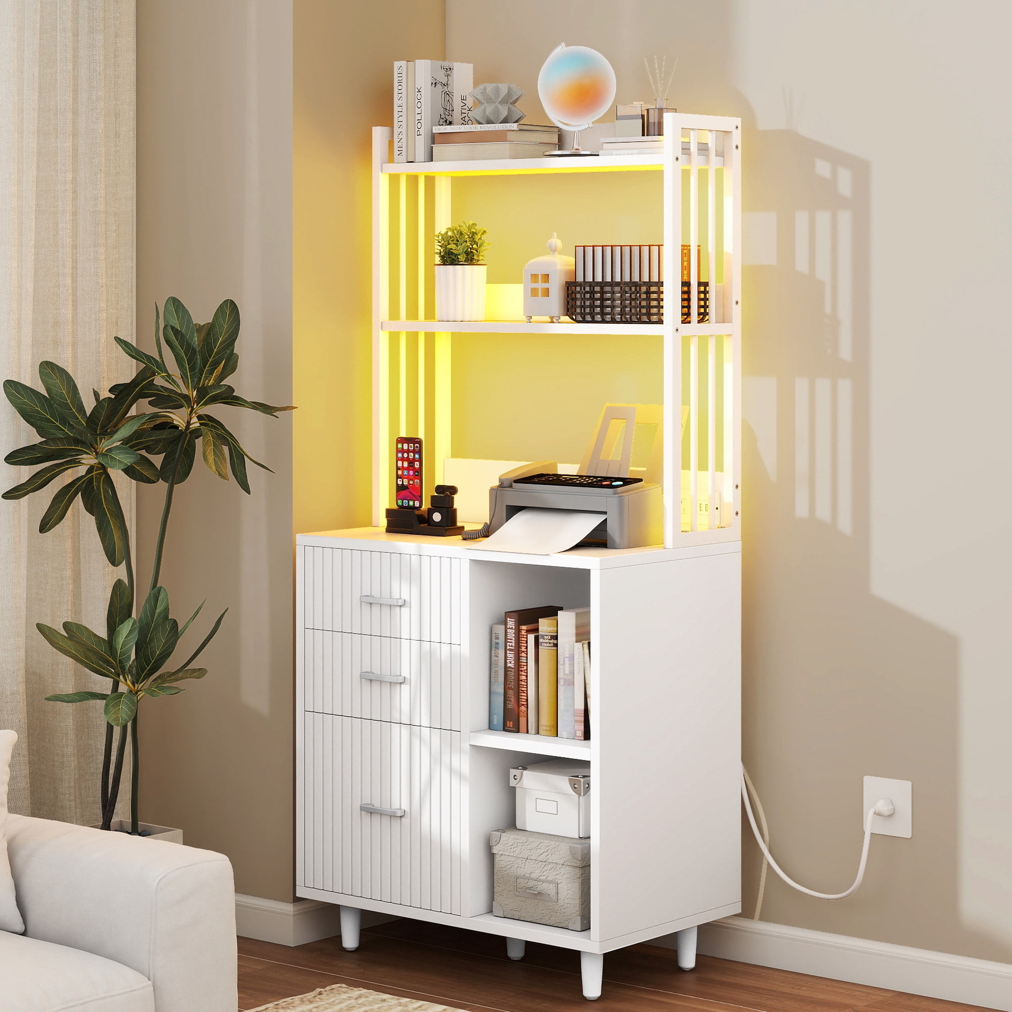 Craftian File Cabinet with 3 Drawer & Open Storage Shelves, Wood File ...