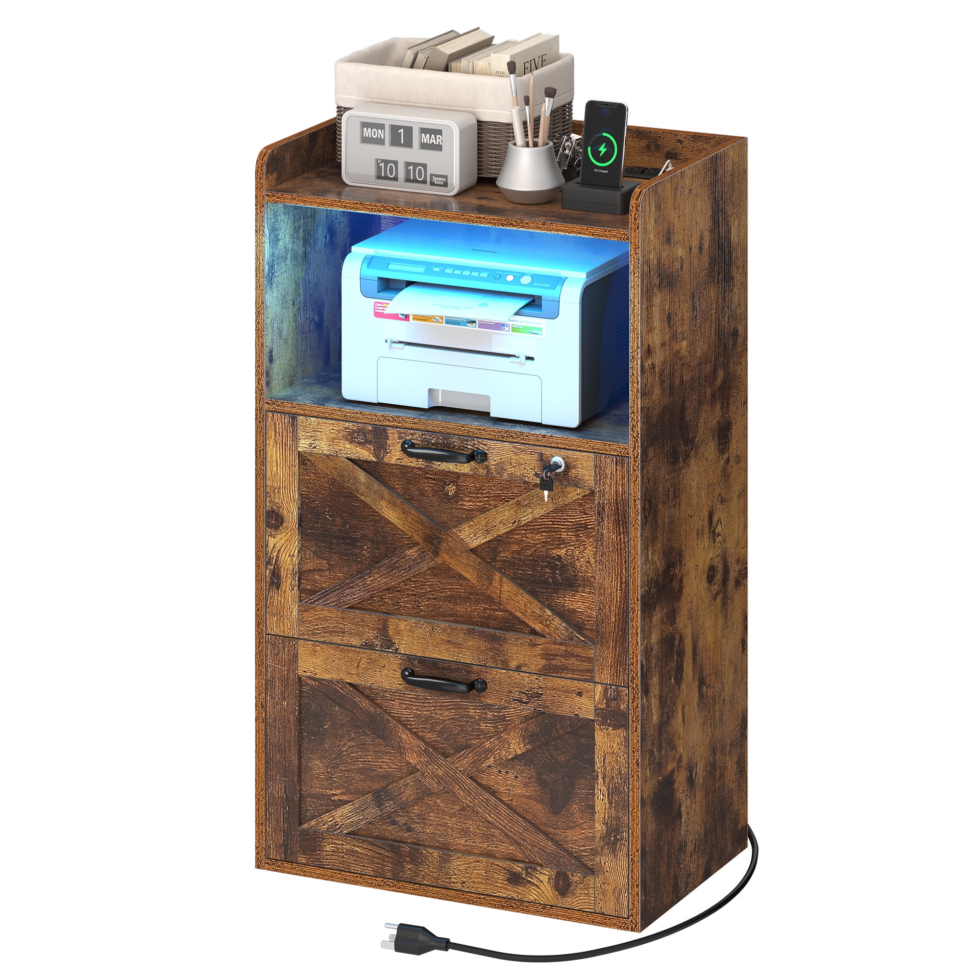 Craftian File Cabinet with LED Light & Charging Station, 2 Drawer Wood ...