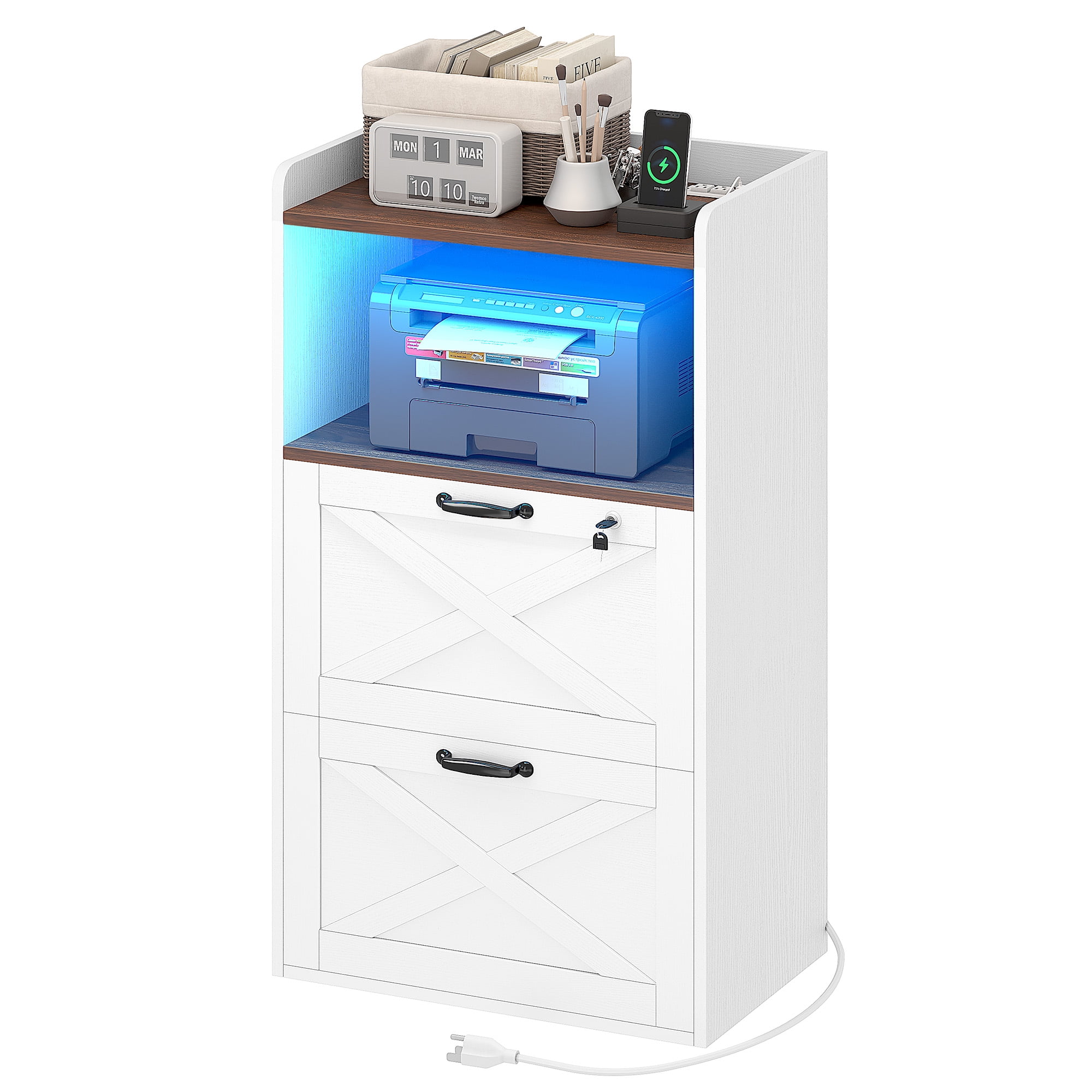 Craftian File Cabinet with LED Light & Charging Station, 2 Drawer Wood ...