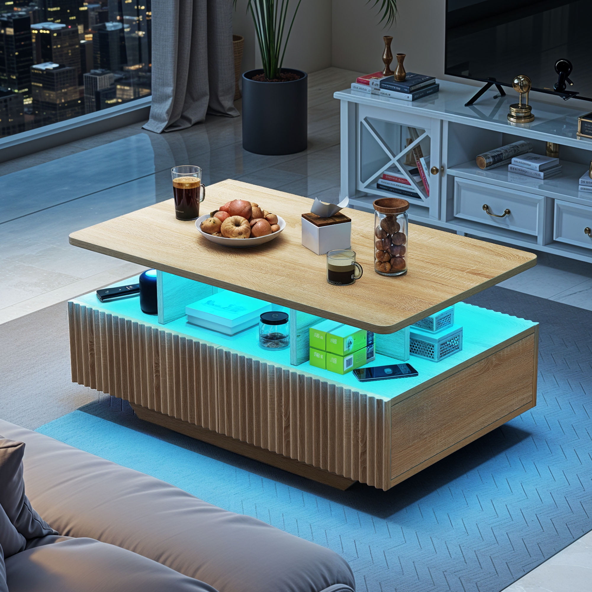 Craftian Fluted LED Coffee Table, Modern Center Tables with Storage for ...