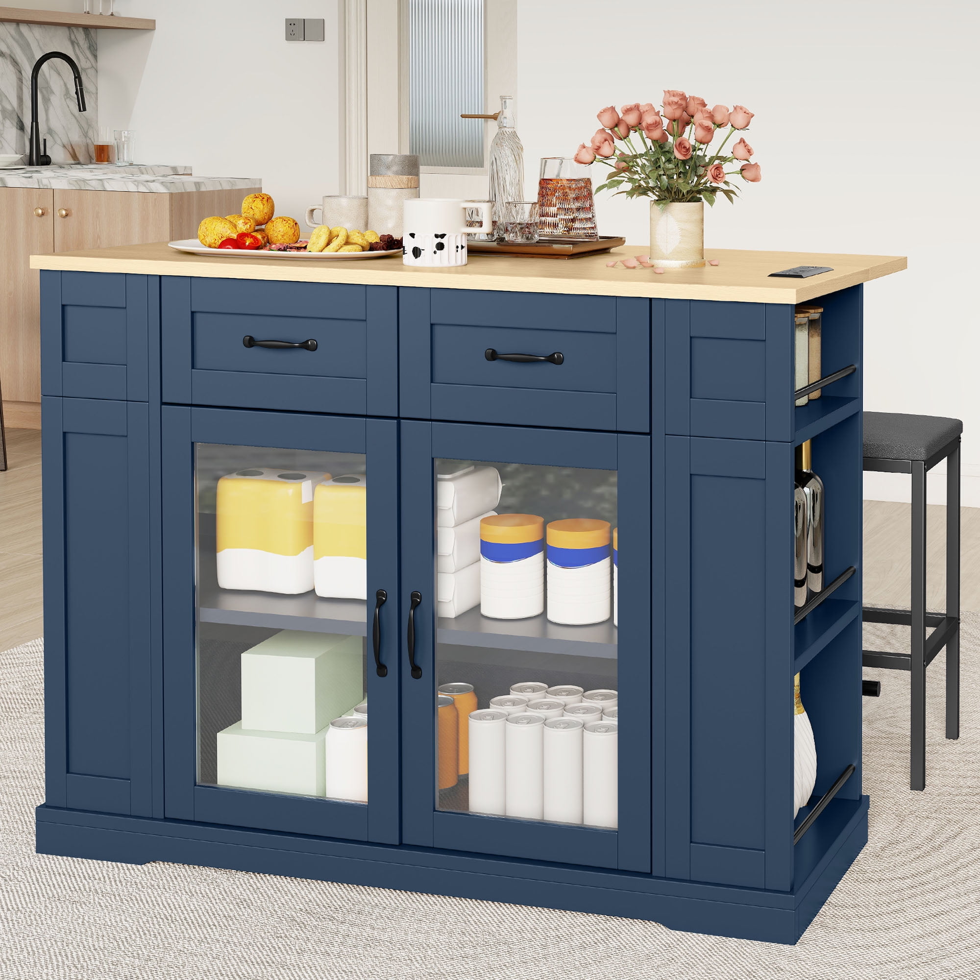 Craftian Kitchen Island Table with Drop Leaf & Bar Stools, Kitchen ...