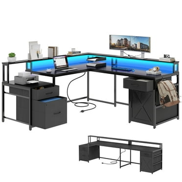 63" Computer Gaming Desk with LED Light&Power Outlet,Brown Home Office ...