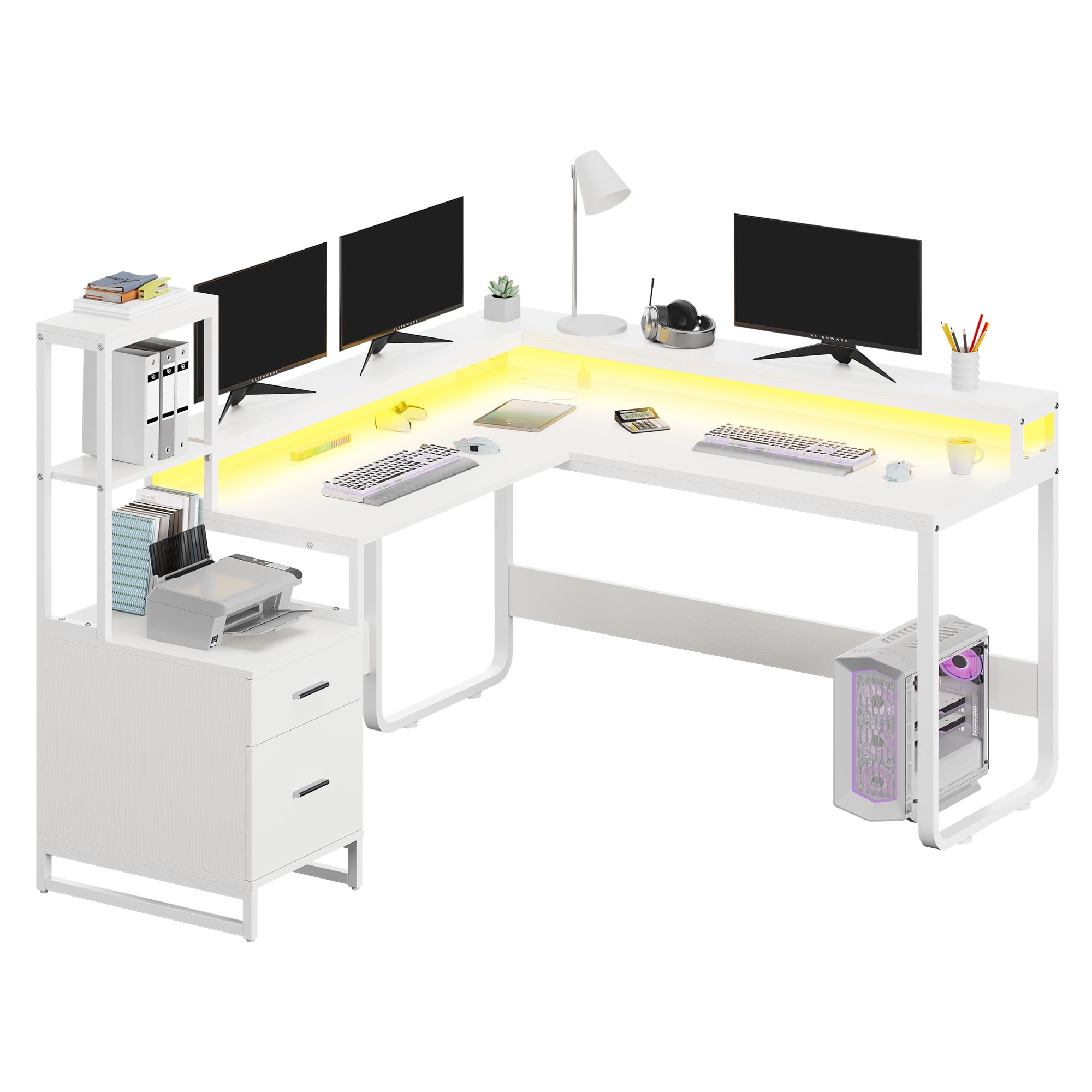 Craftian L Shape Desk with Hutch Monitor Stand & 2 Drawers, Reversible ...