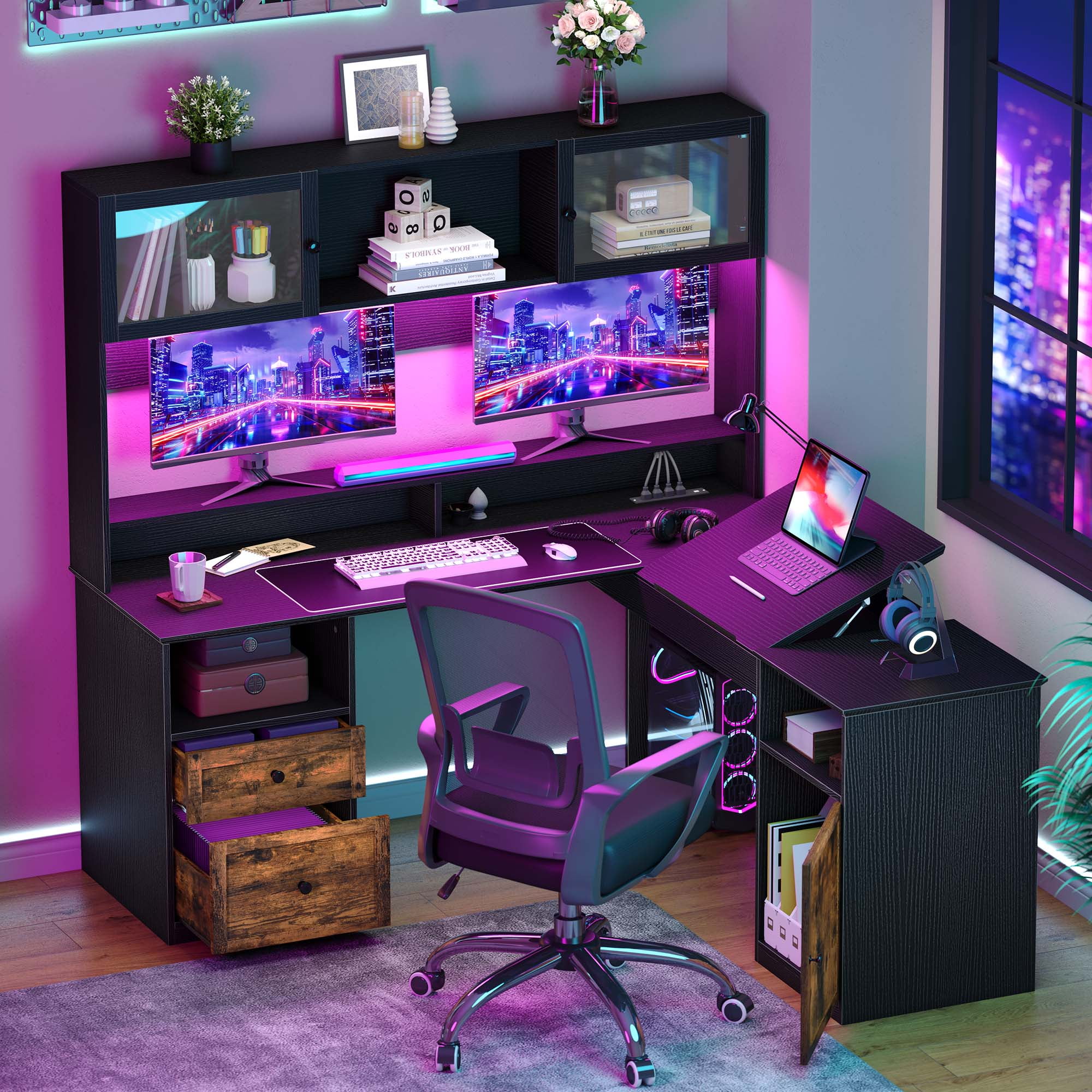 Craftian L Shaped Desk with Hutch & LED Light, Large Corner Computer ...