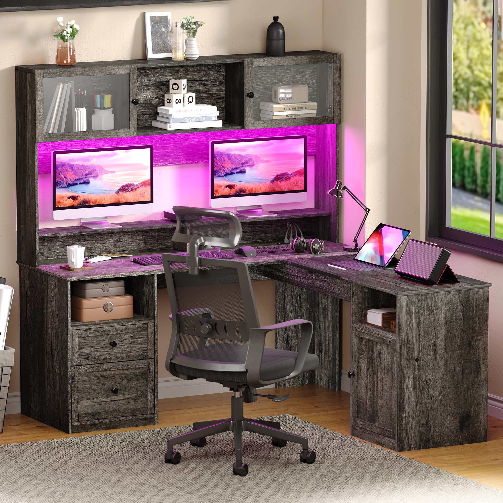 Craftian L Shaped Desk with Hutch & LED Light, Large Corner Computer ...