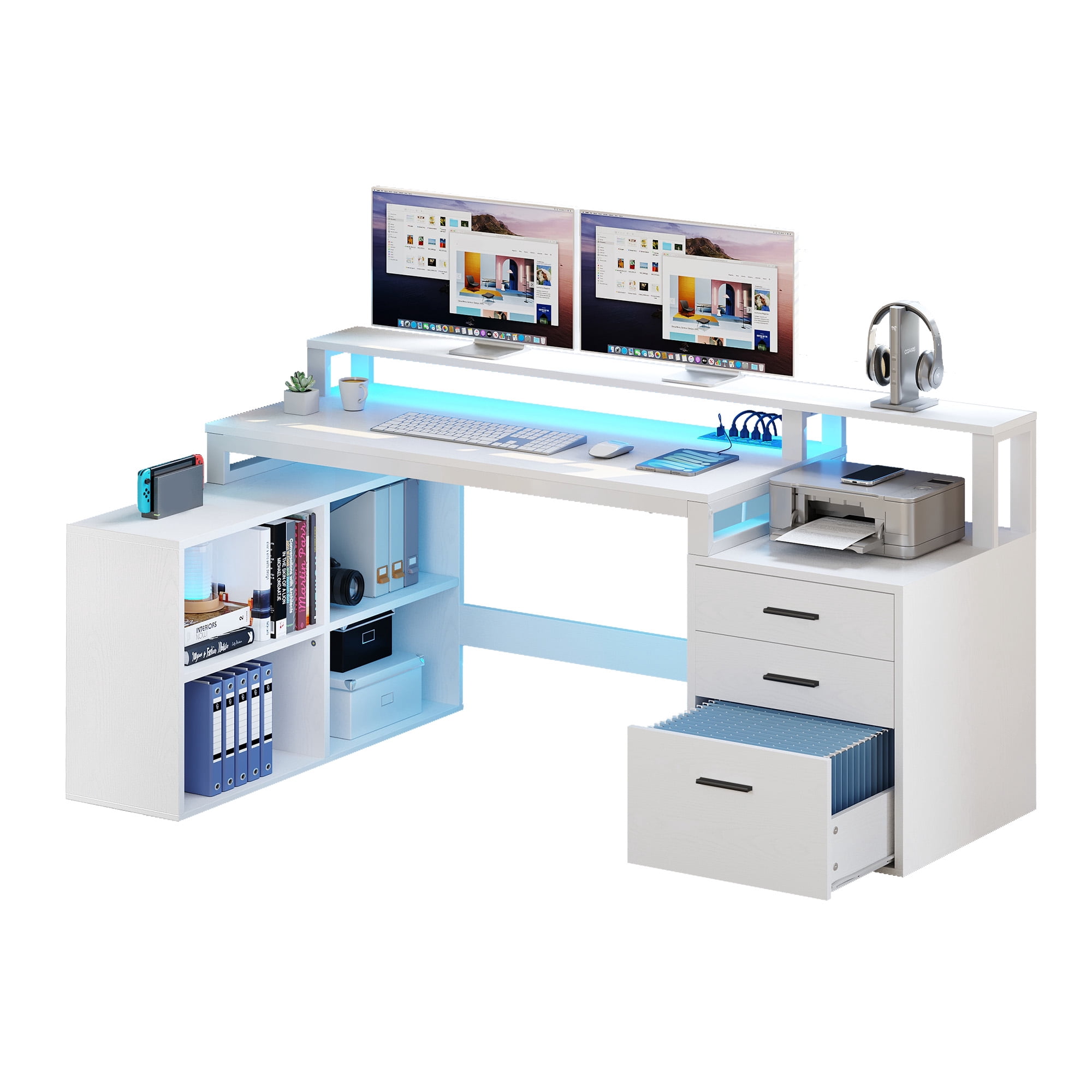 Craftian L-Shaped Desk with USB Ports & LED Light, Modern Computer Desk ...