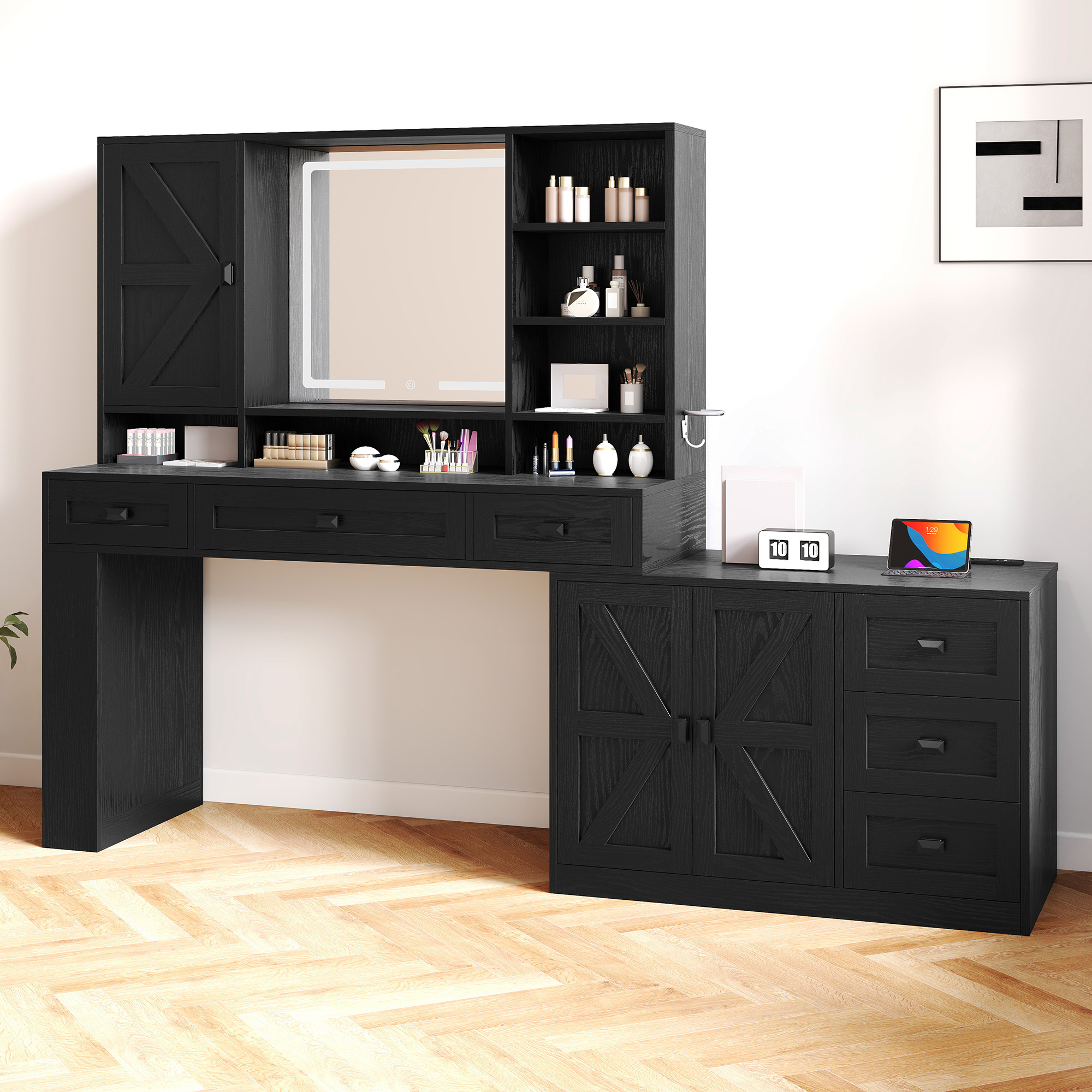 Craftian L-Shaped Vanity Table with LED Mirror, Power Outlet, Makeup ...