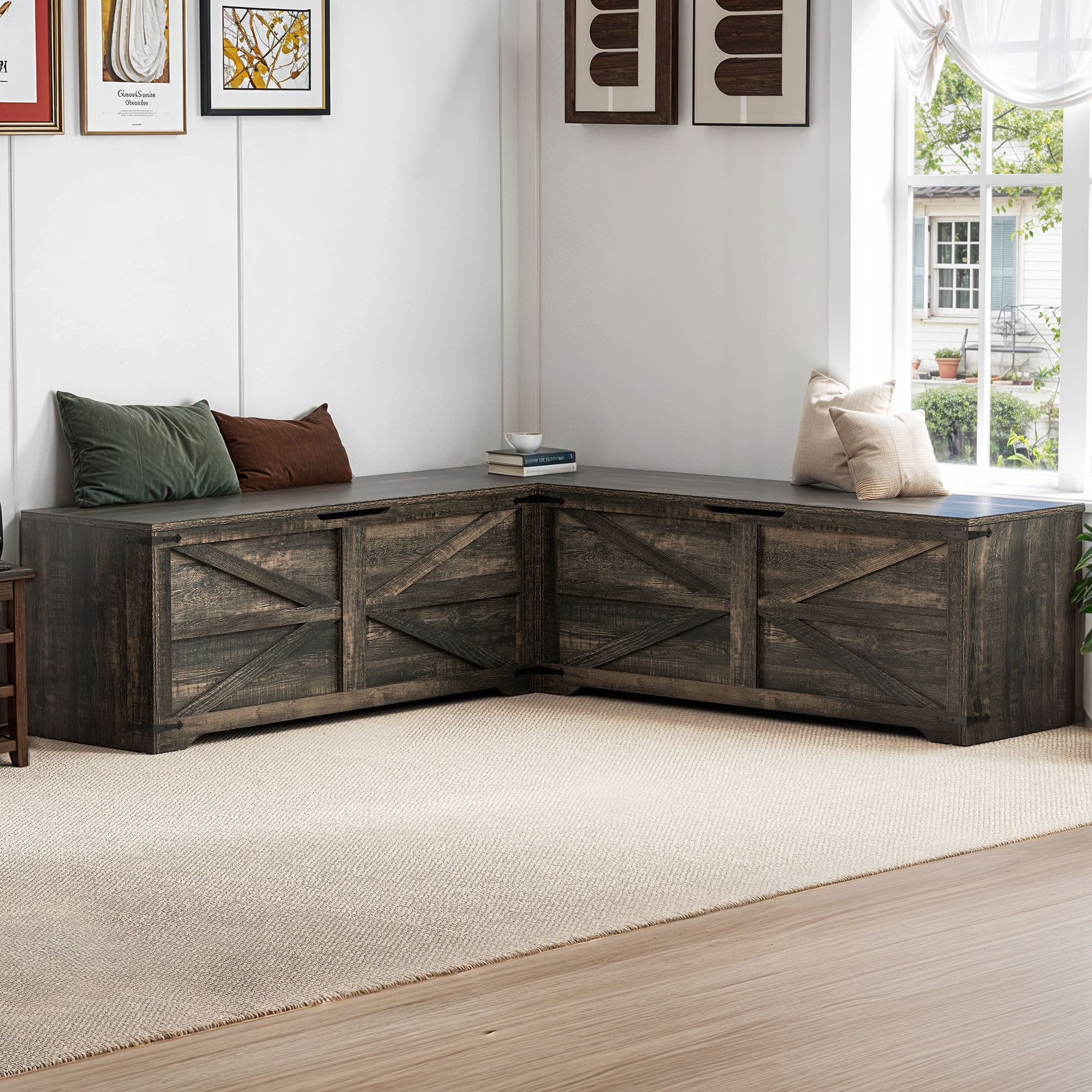 Craftian L-Shaped Wood Farmhouse Storage Bench,Storage Chest, Corner ...