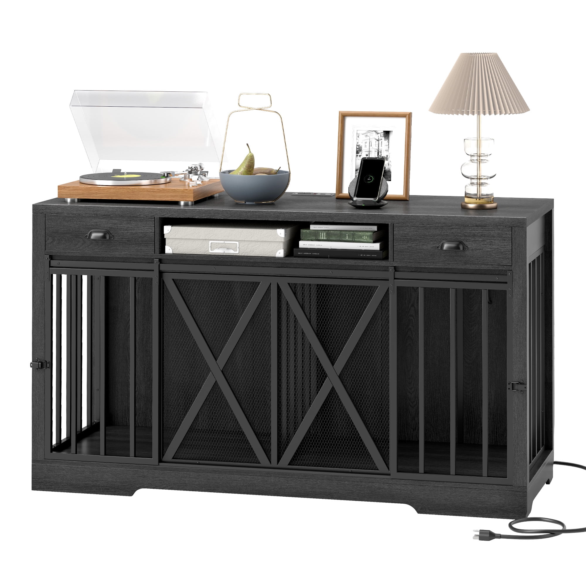 Craftian Large Dog Crate Furniture TV Stand with Charging Station, 63in ...