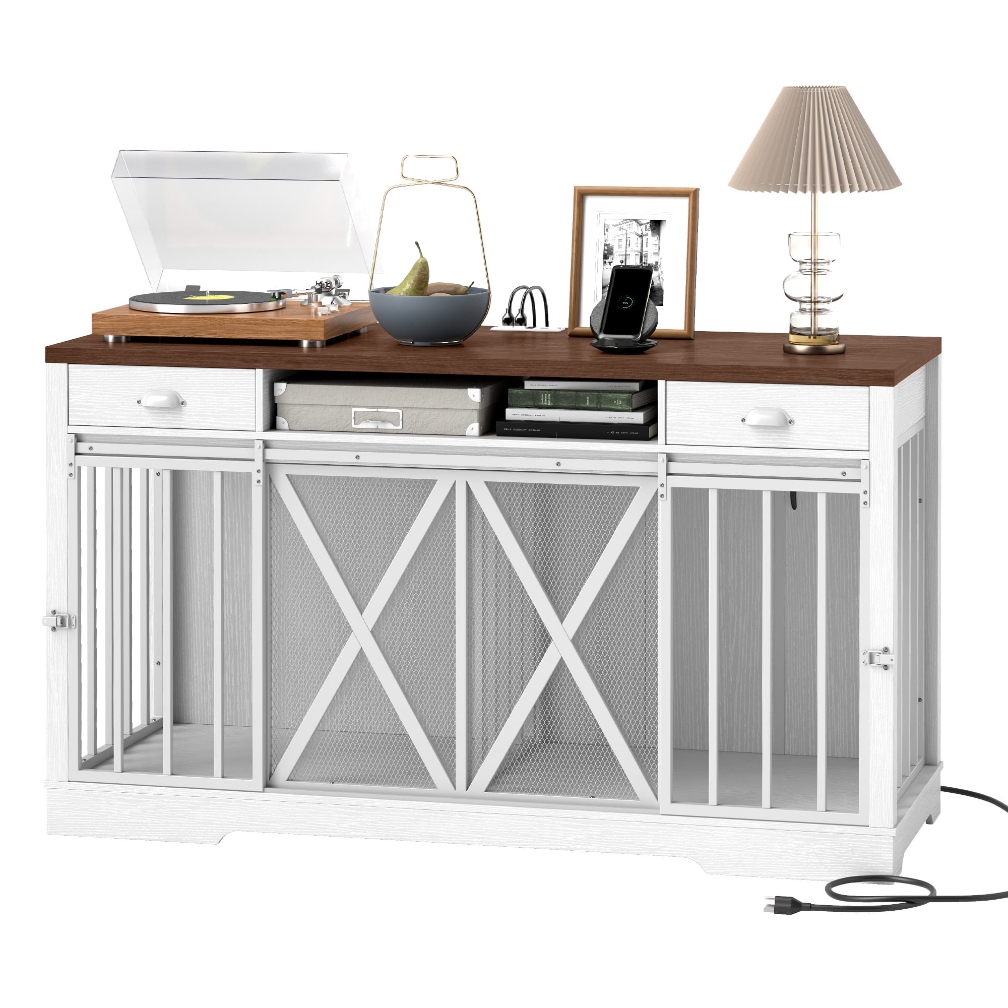 Craftian Large Dog Crate Furniture TV Stand with Charging Station, 63in ...