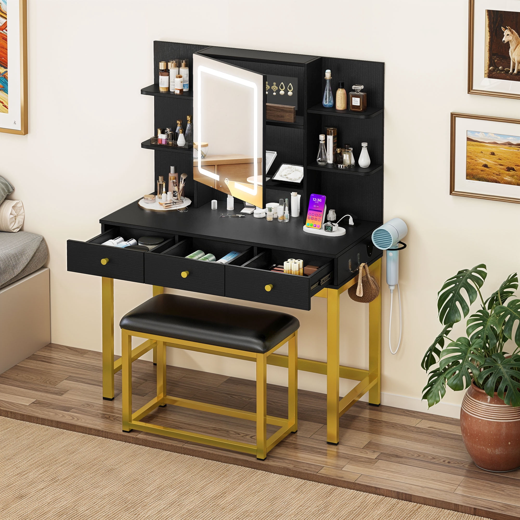 Craftian Large Makeup Vanity with 3 Color Lights, Vanity Desk with USB ...