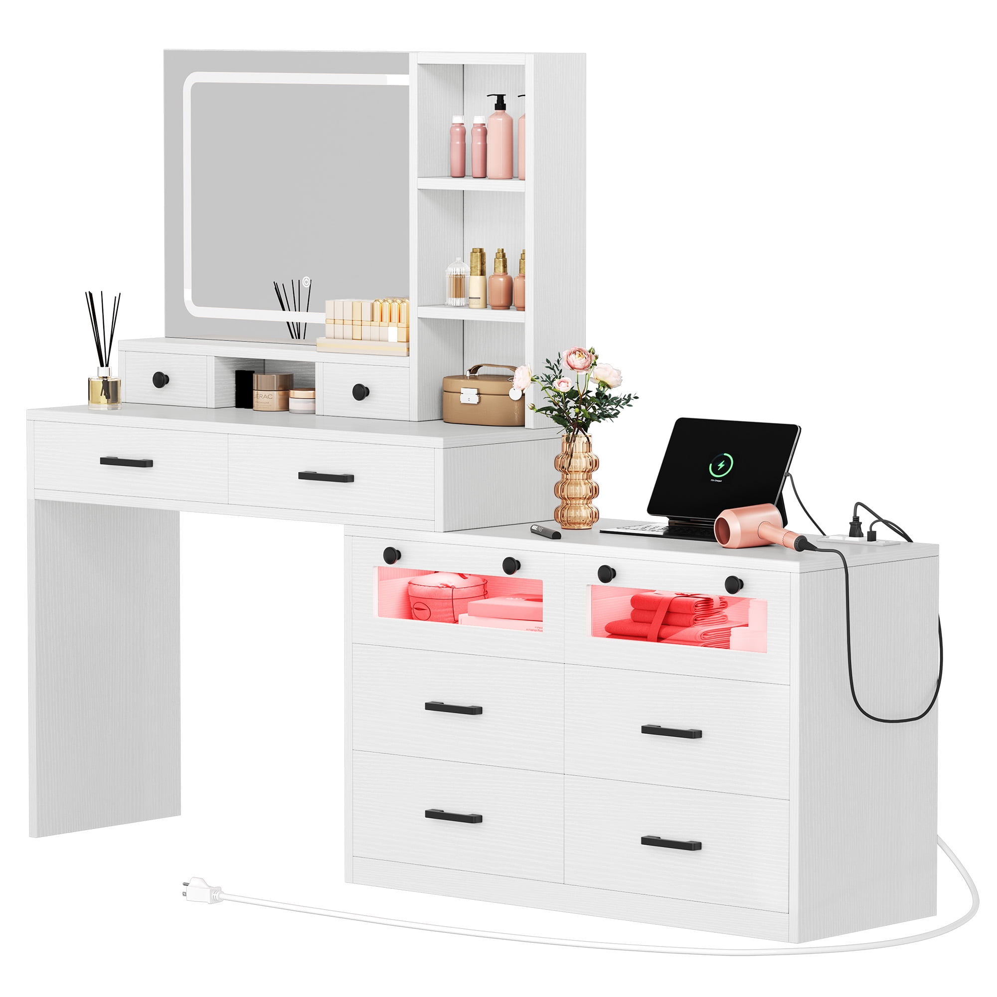 Craftian Makeup Vanity Desk with LED Lighted Mirror 10 Drawers ...
