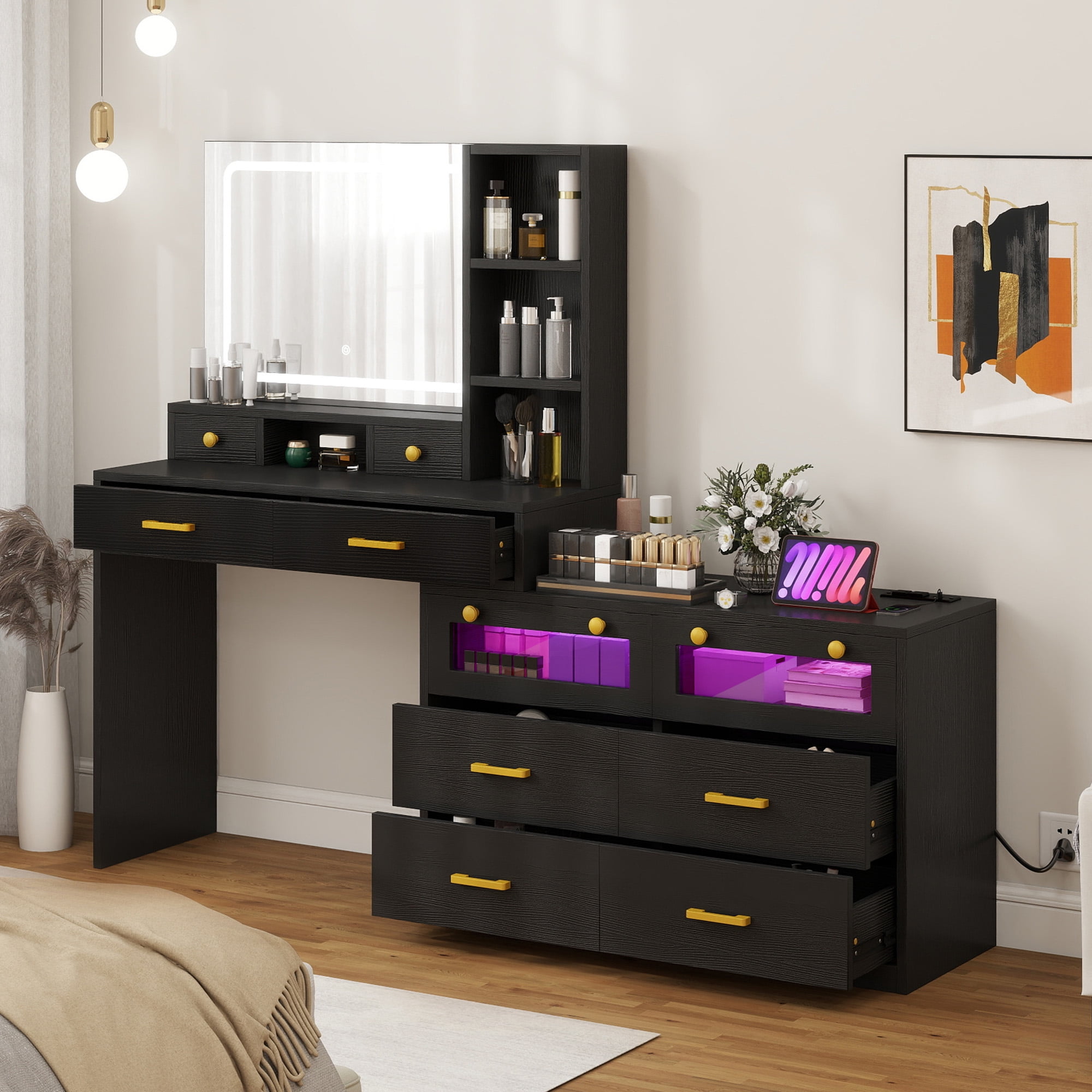 Craftian Makeup Vanity with 8 Drawers& USB Charging Station, L Shape ...