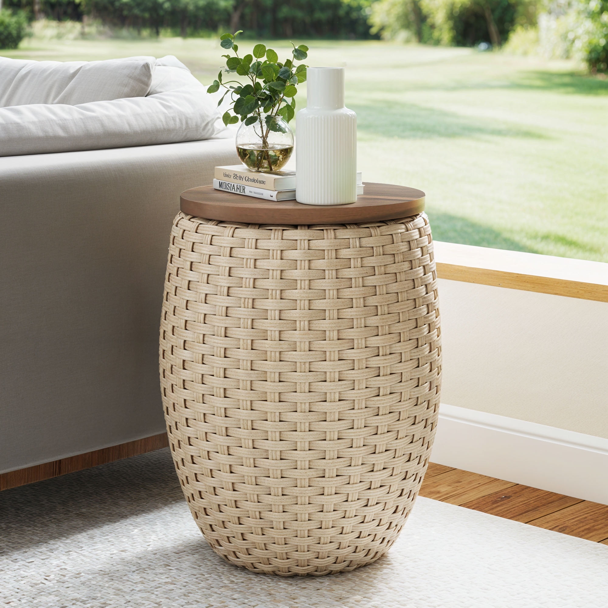 Craftian Outdoor Patio Side Table, Wicker Small Round Rattan End Table ...