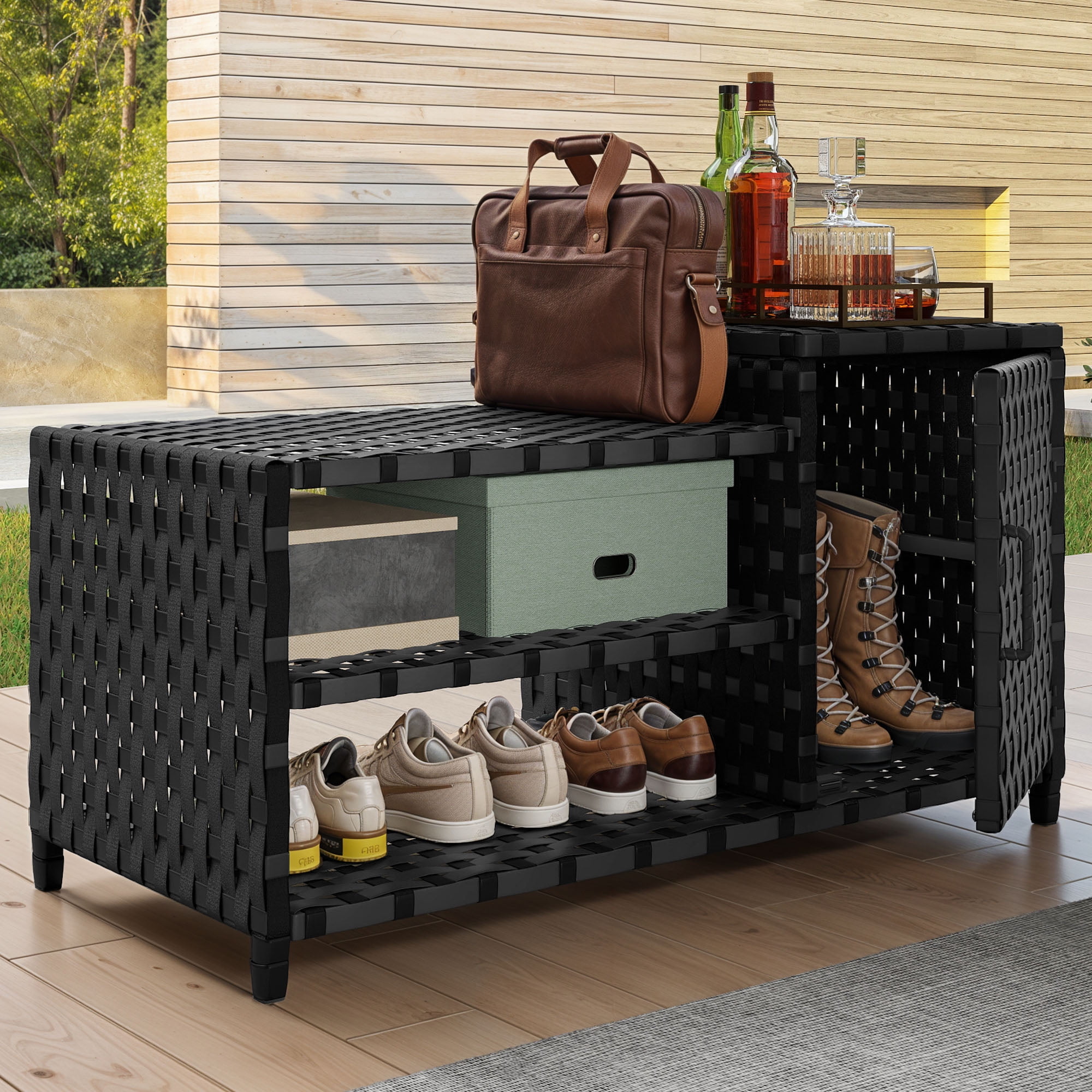 Craftian Outdoor Resin Deck Box, Weatherproof Rattan Outdoor Shoe Bench ...