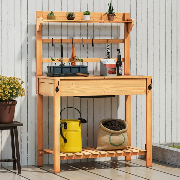 Craftian Outdoor Workstation with Shelves & Hooks, Wood Potting Bench ...