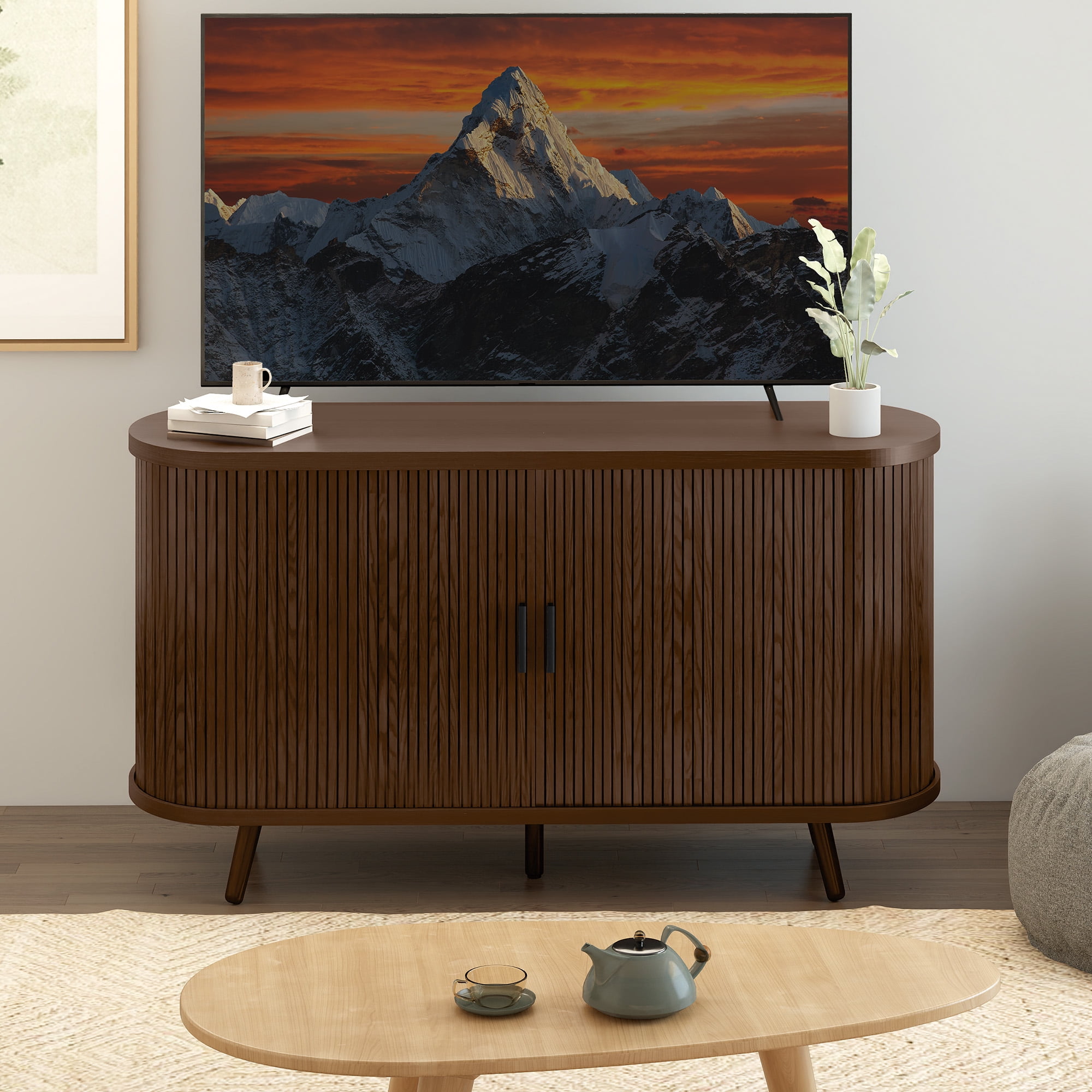 Craftian Oval Sideboard Cabinet with Sliding Doors, Fluted Storage ...