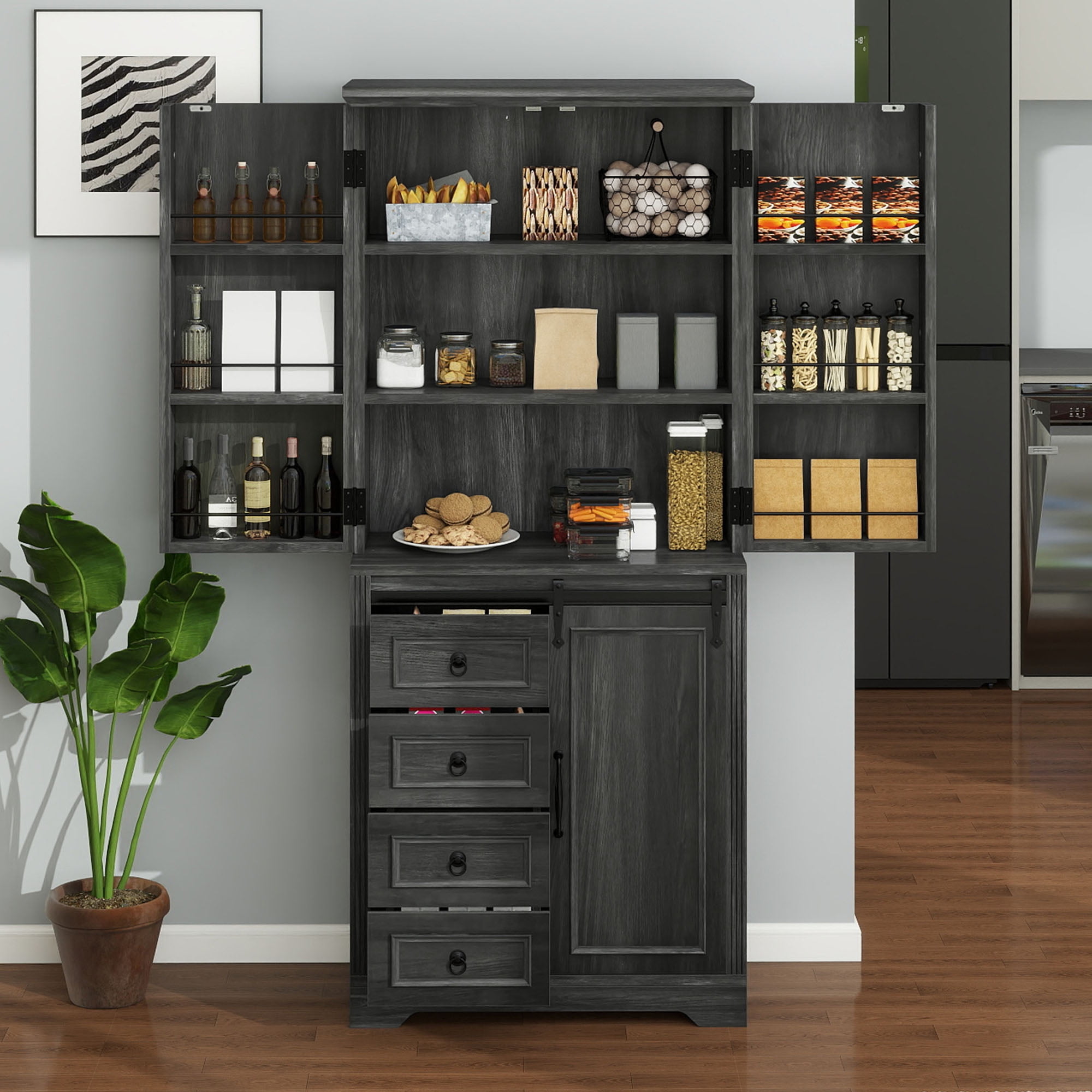 Craftian Pantry Storage Cabinet with Barn Door & Drawers, Kitchen ...