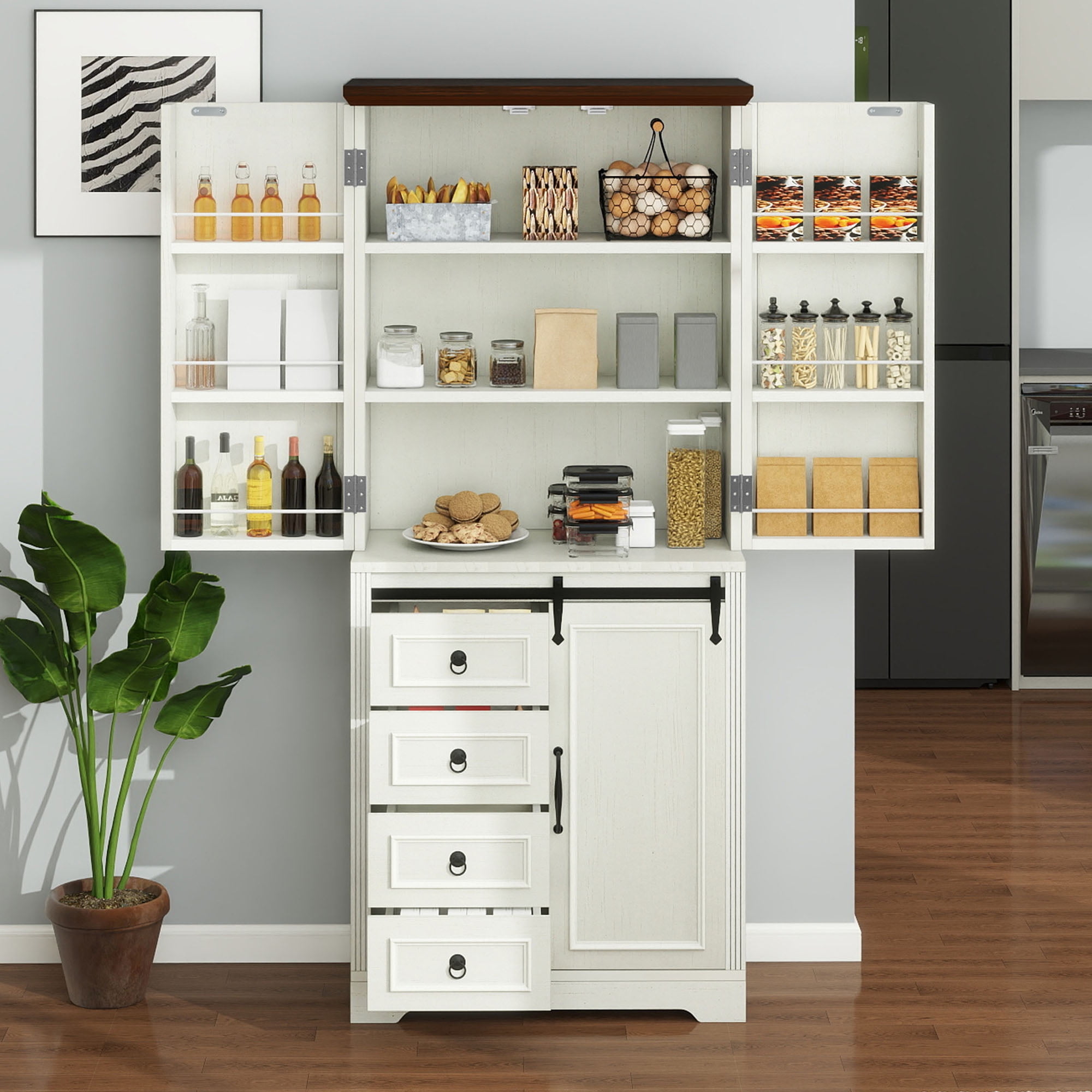 Craftian Pantry Storage Cabinet with Barn Door & Drawers, Kitchen ...