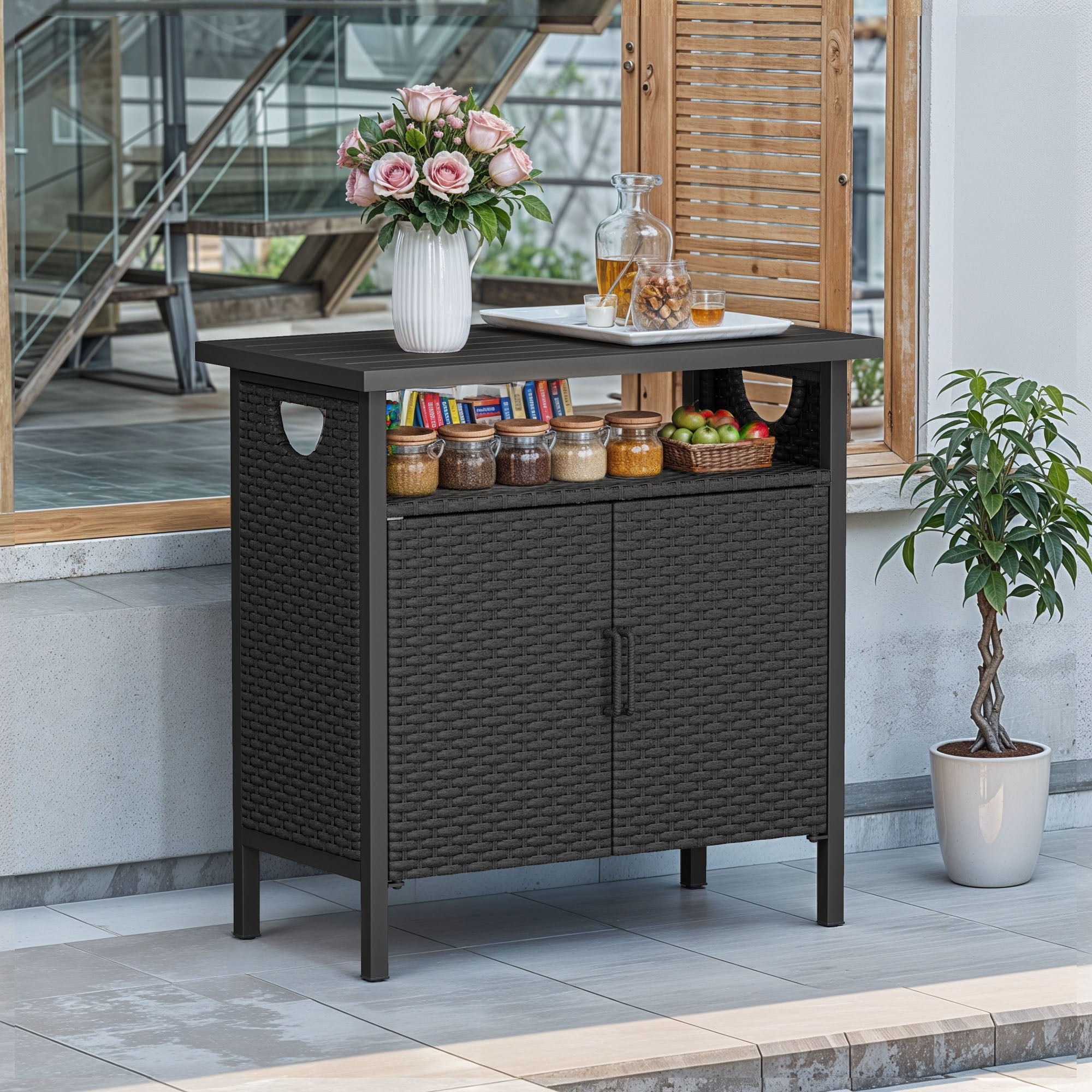 Craftian Patio Rattan Wicker Bar Height Counter Table Storage Cabinet ...