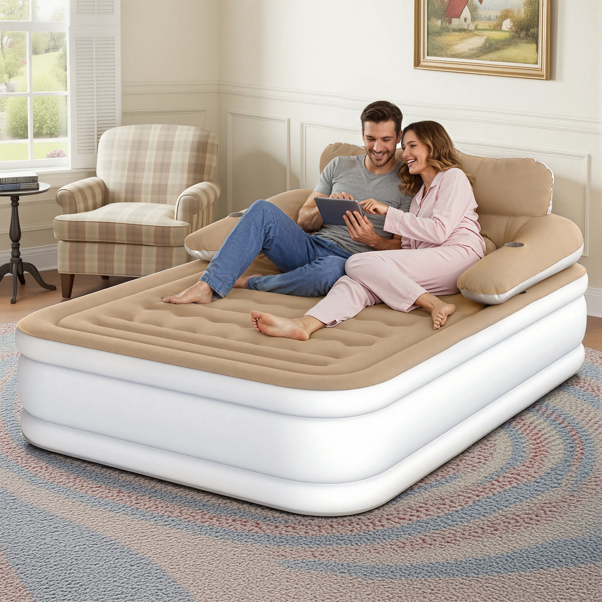 Uforic Queen Air Bed featuring Headboard, 18in Inflatable Mattress with ...