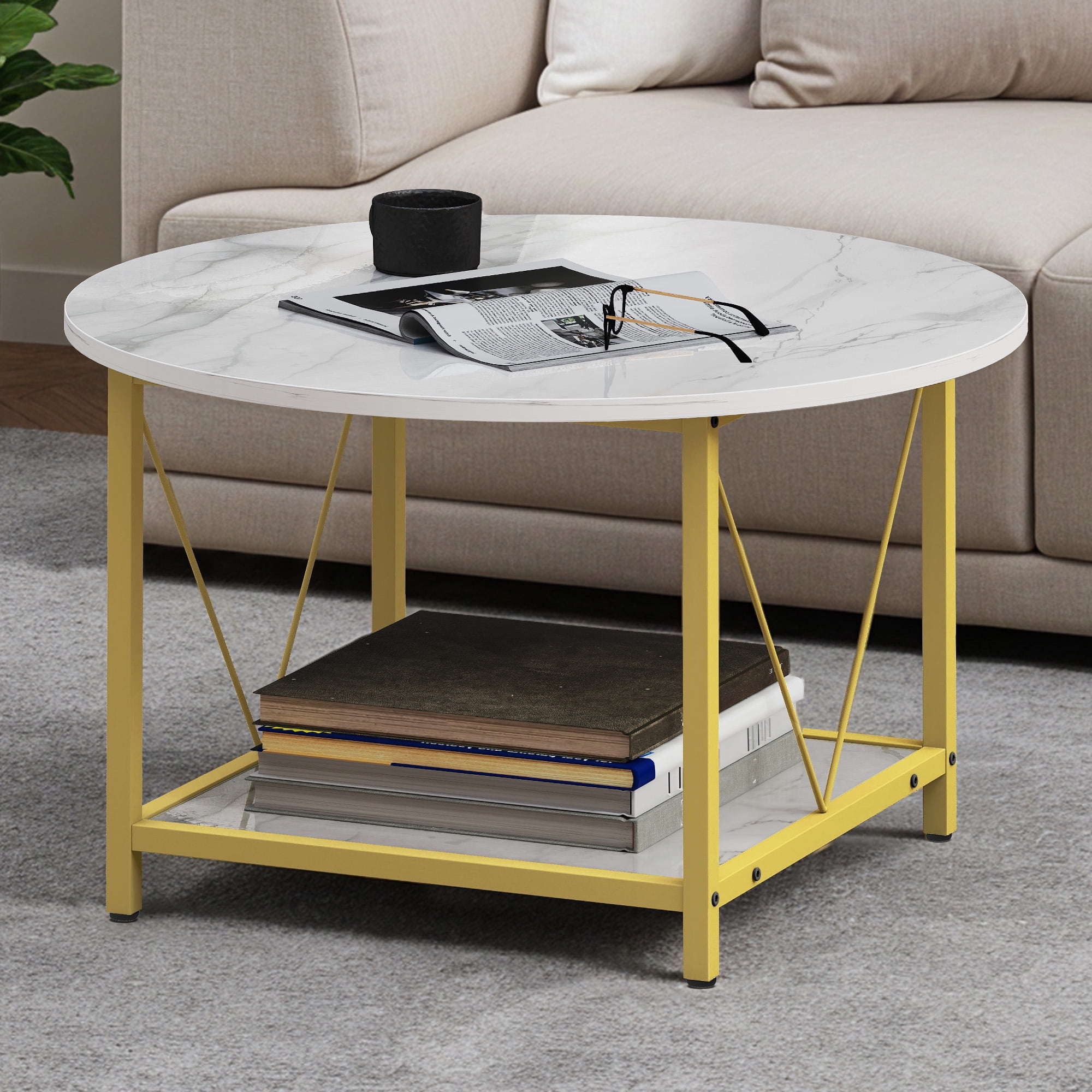 Craftian Round Coffee Tables for Living Room, 2 Tier Center Table with Open Storage Shelf ...