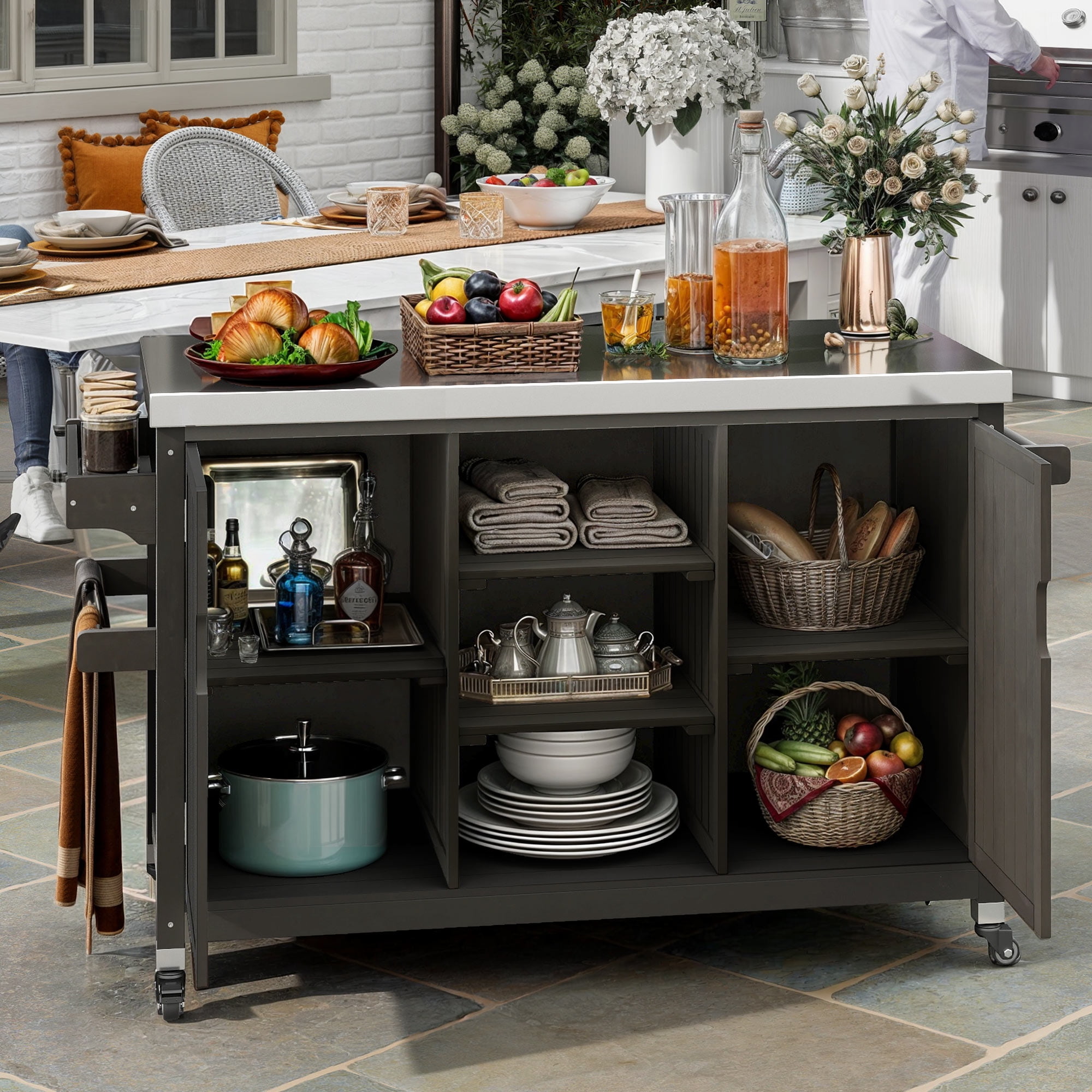 Craftian Solid Wood Outdoor Movable Grill Table with Stainless Steel ...