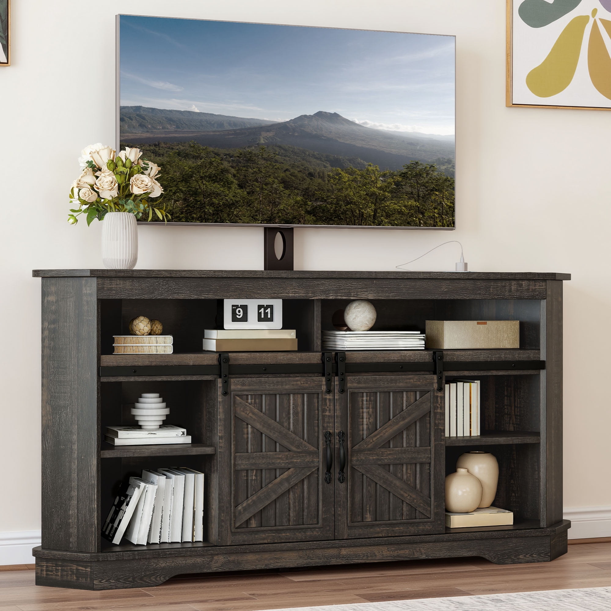Craftian TV Stand for 70" TV with Mount, Farmhouse Entertainment Center with Power Outlets ...