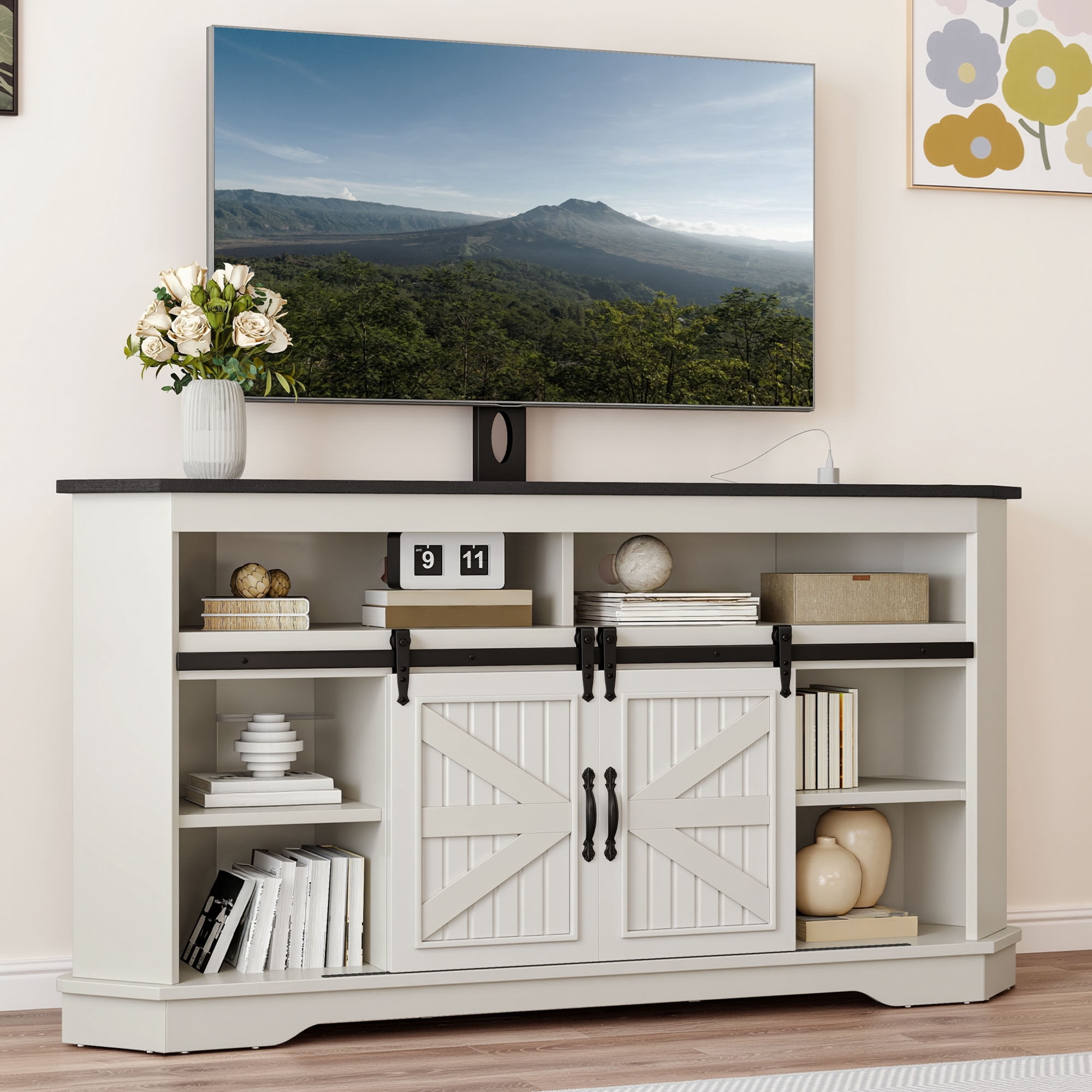 Craftian TV Stand for 70" TV with Mount, Farmhouse Entertainment Center ...
